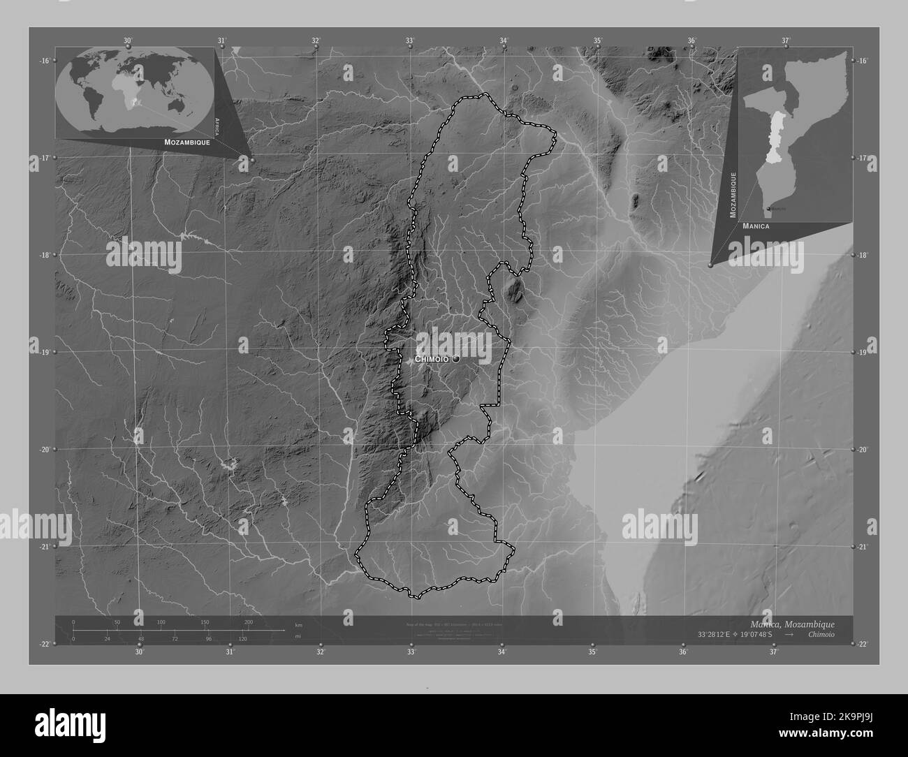 Manica, province of Mozambique. Grayscale elevation map with lakes and ...