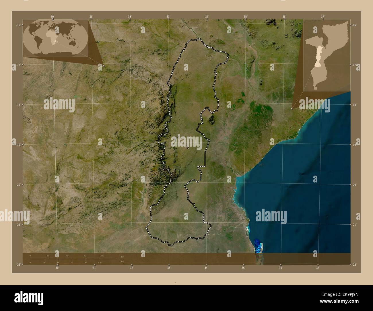 Manica, province of Mozambique. Low resolution satellite map. Corner ...