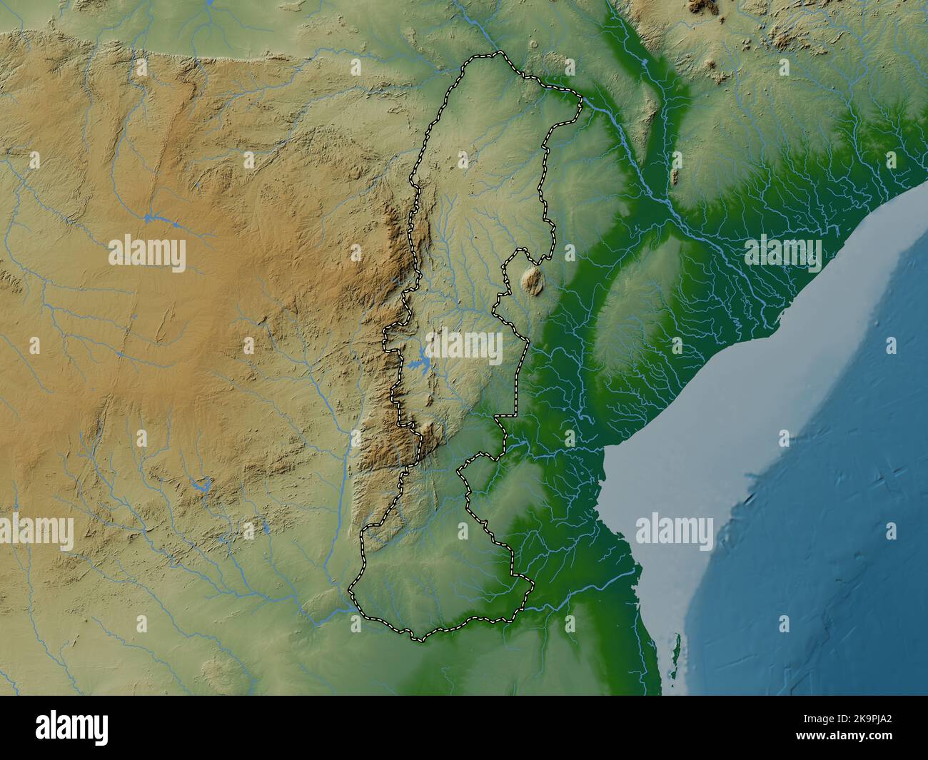 Manica, province of Mozambique. Colored elevation map with lakes and ...