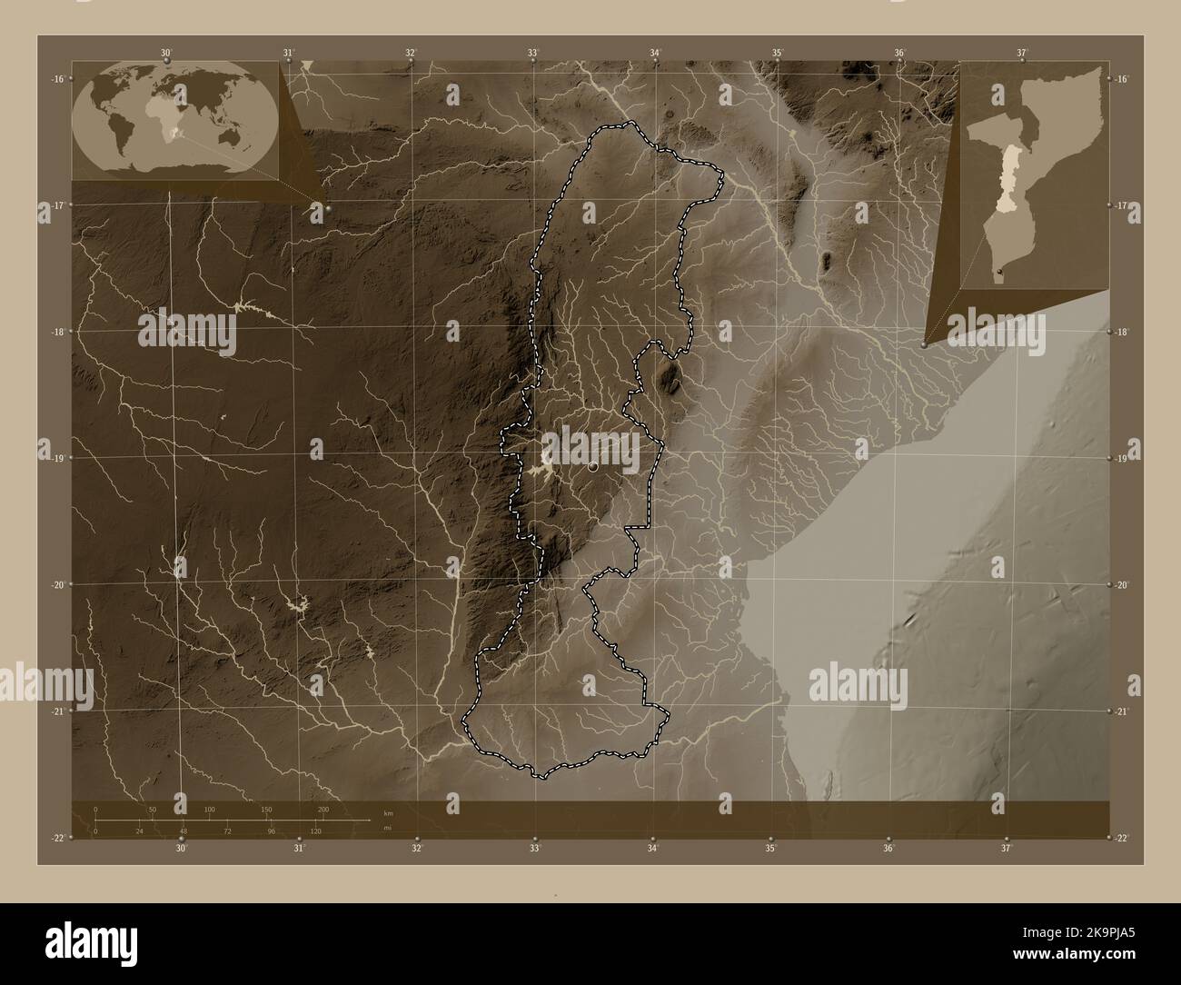 Manica, province of Mozambique. Elevation map colored in sepia tones ...