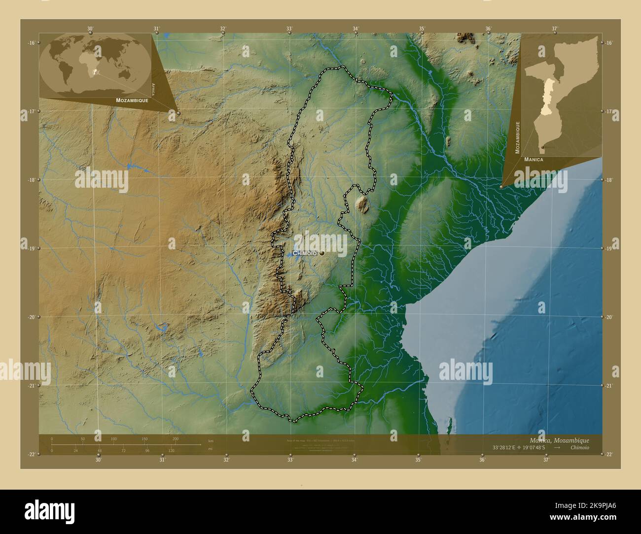 Manica, province of Mozambique. Colored elevation map with lakes and ...