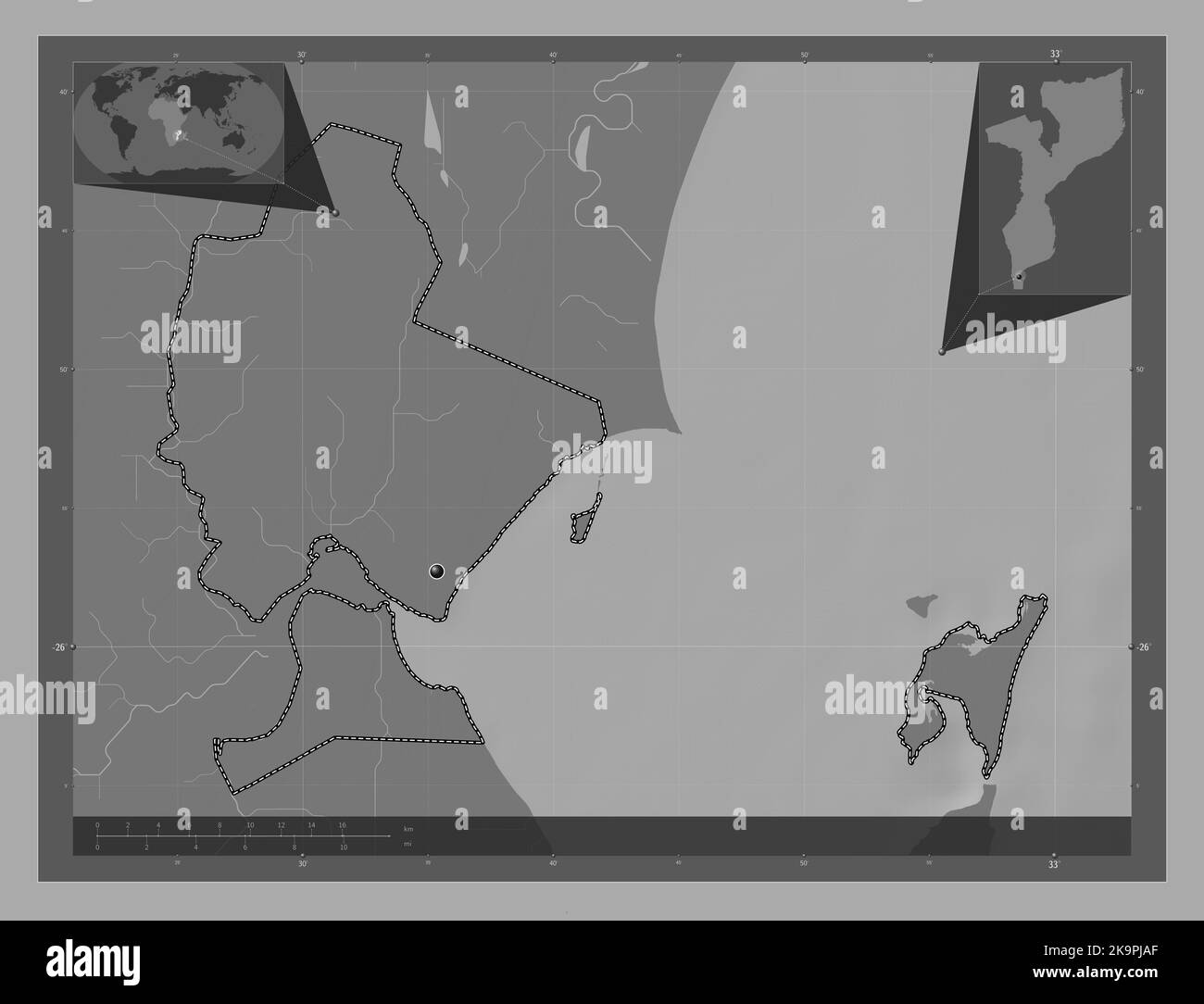Maputo City, province of Mozambique. Bilevel elevation map with lakes ...