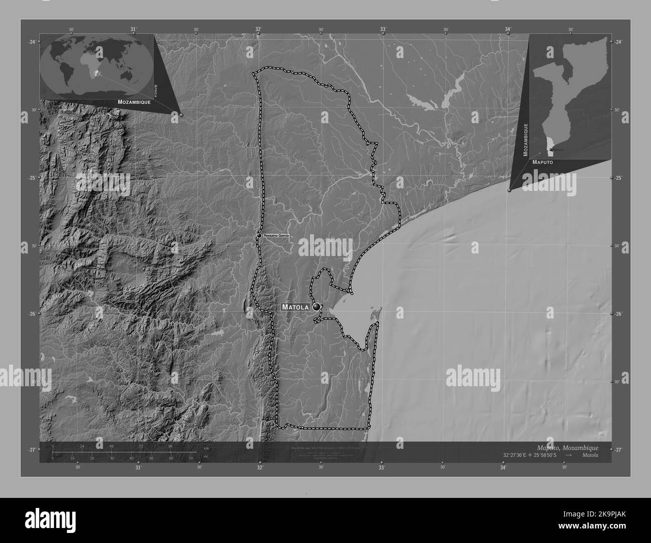 Maputo, province of Mozambique. Bilevel elevation map with lakes and ...