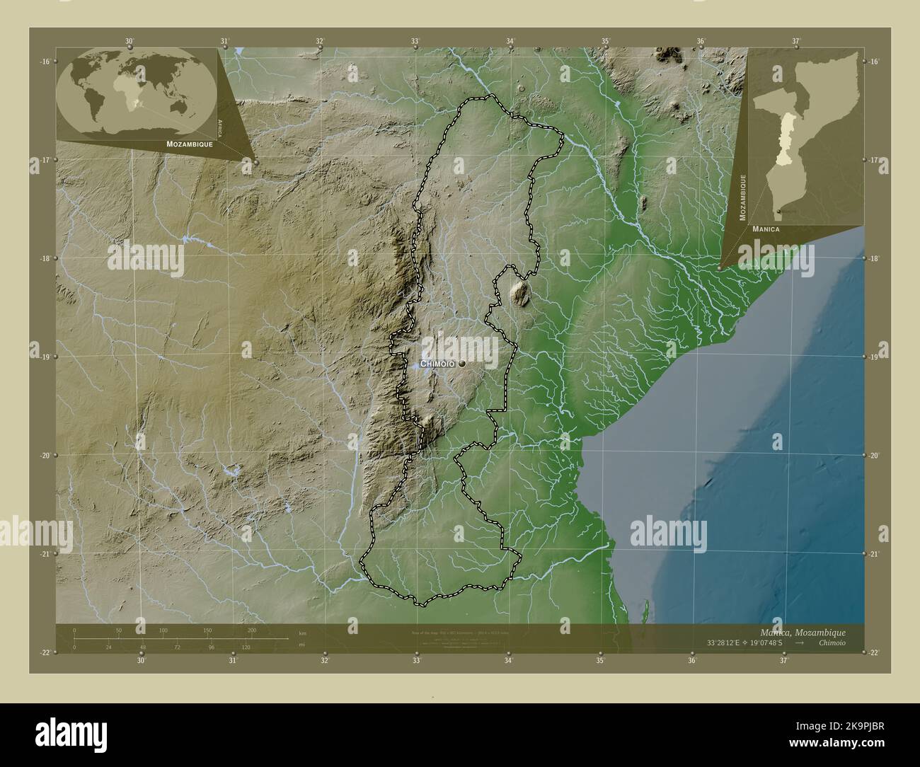 Manica, province of Mozambique. Elevation map colored in wiki style with lakes and rivers ...
