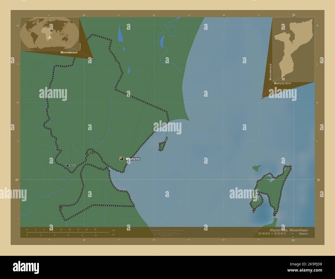 Maputo City, province of Mozambique. Colored elevation map with lakes ...