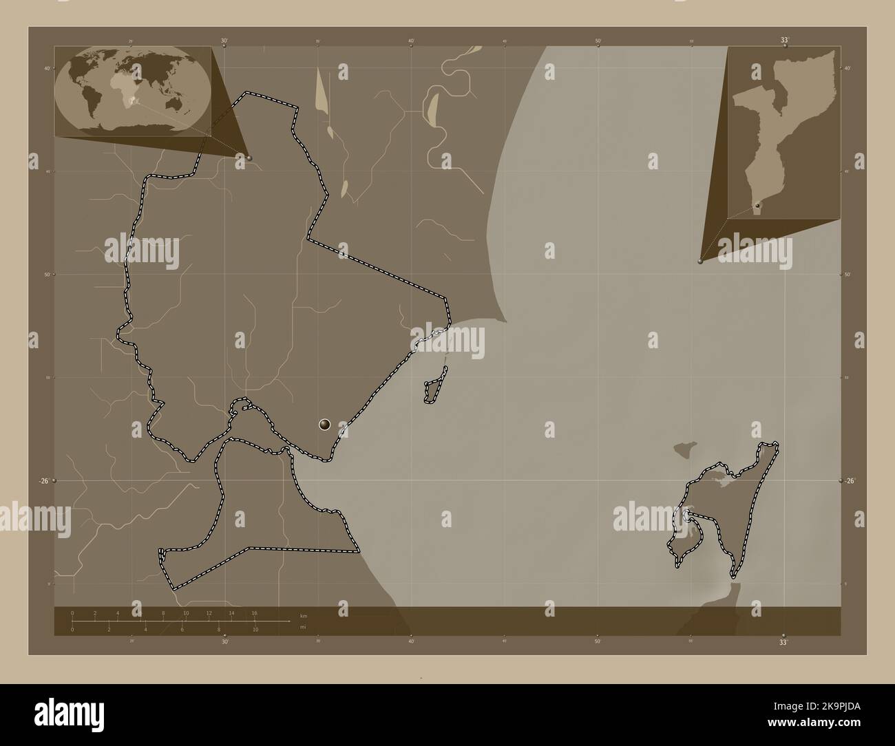 Maputo City, province of Mozambique. Elevation map colored in sepia ...