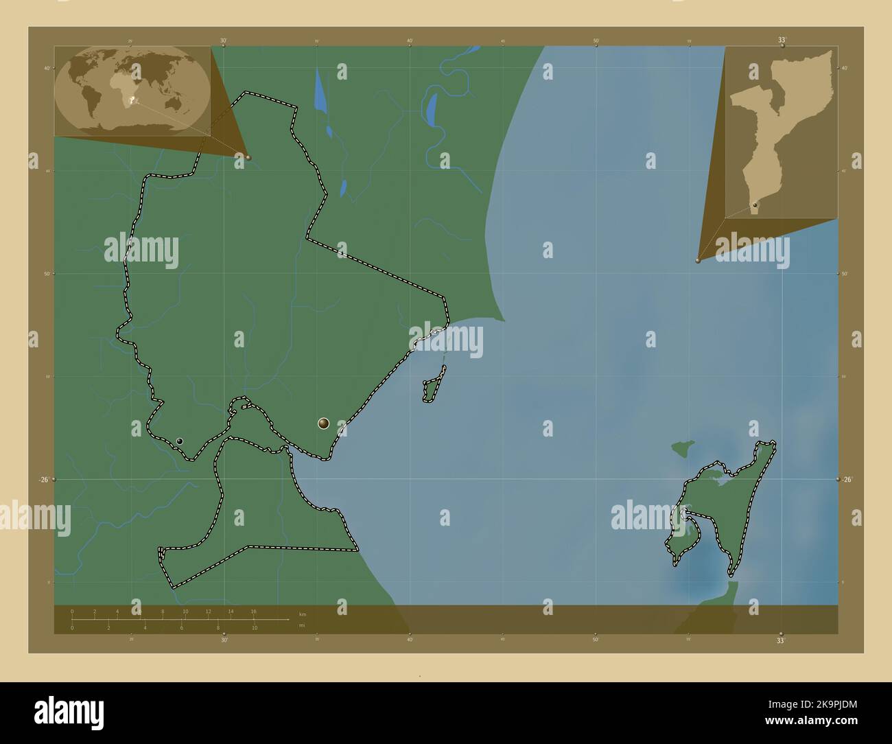 Maputo City, province of Mozambique. Colored elevation map with lakes ...
