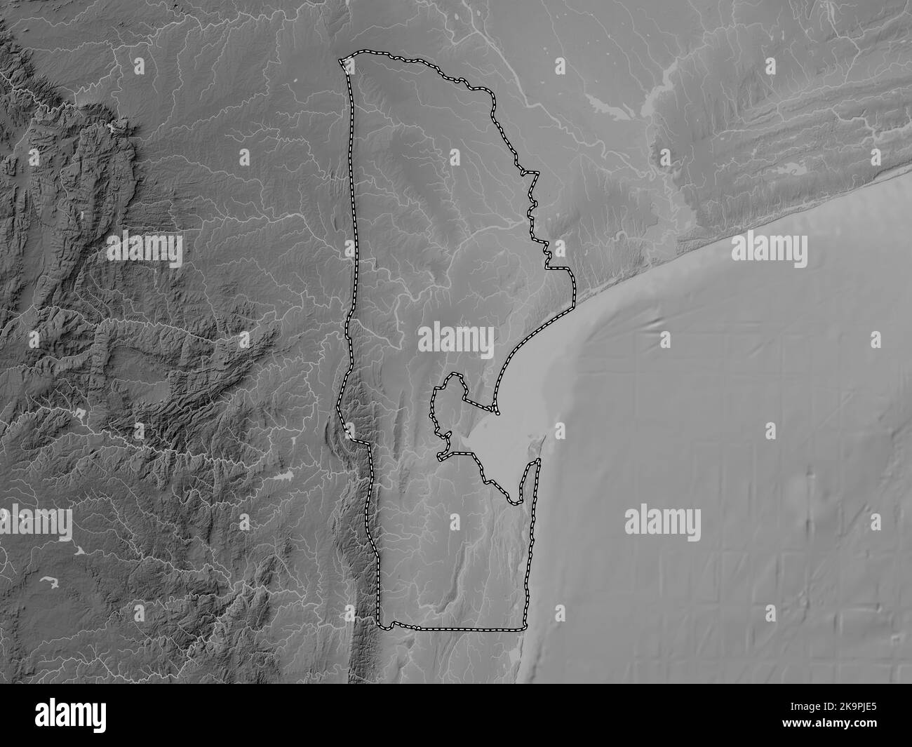 Maputo, province of Mozambique. Grayscale elevation map with lakes and ...
