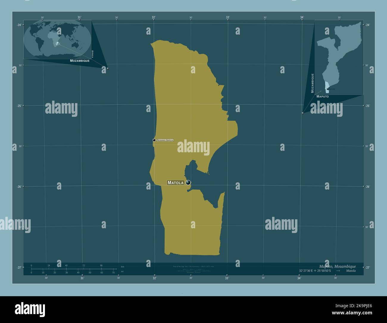 Maputo, province of Mozambique. Solid color shape. Locations and names ...