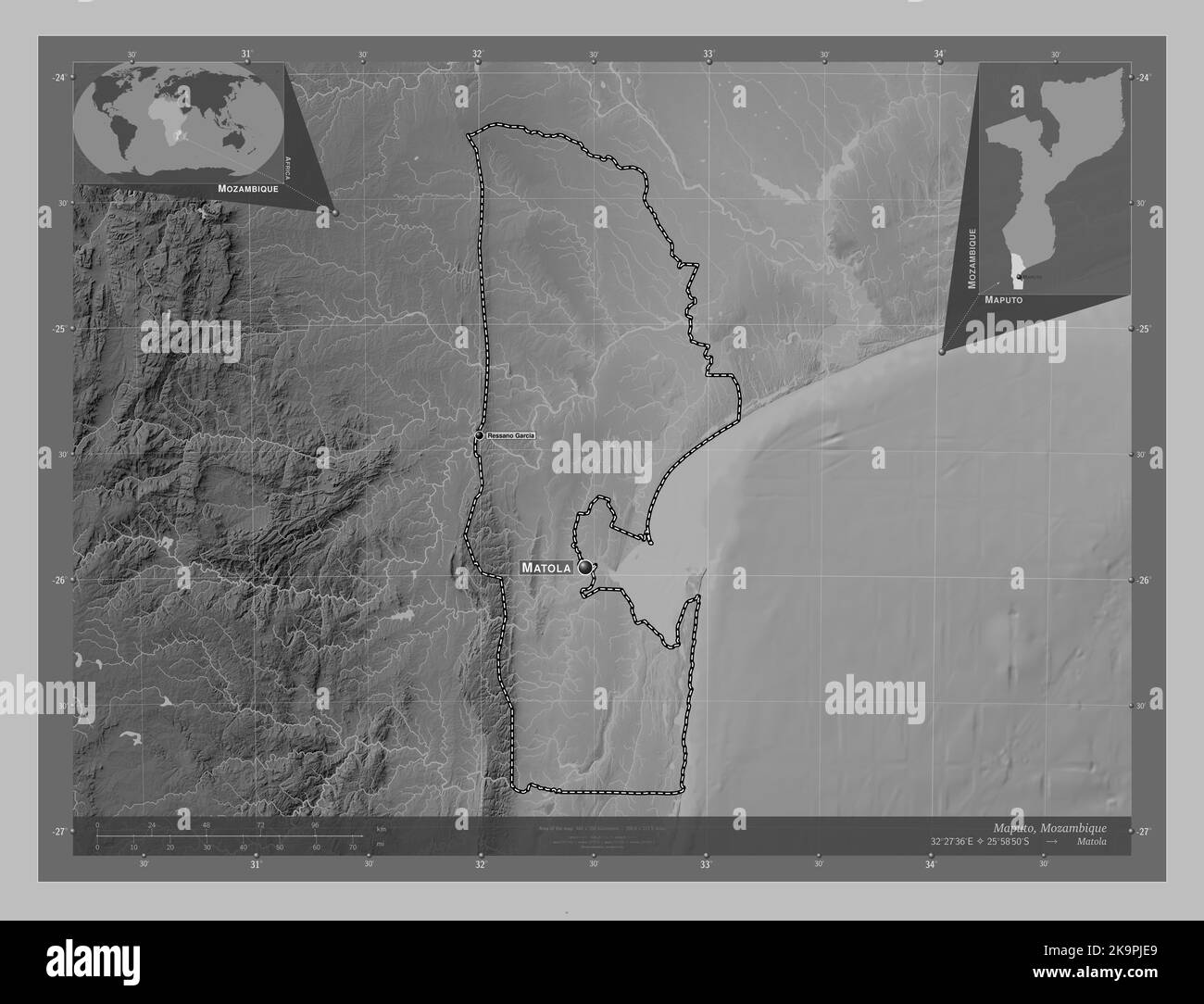 Maputo, province of Mozambique. Grayscale elevation map with lakes and ...