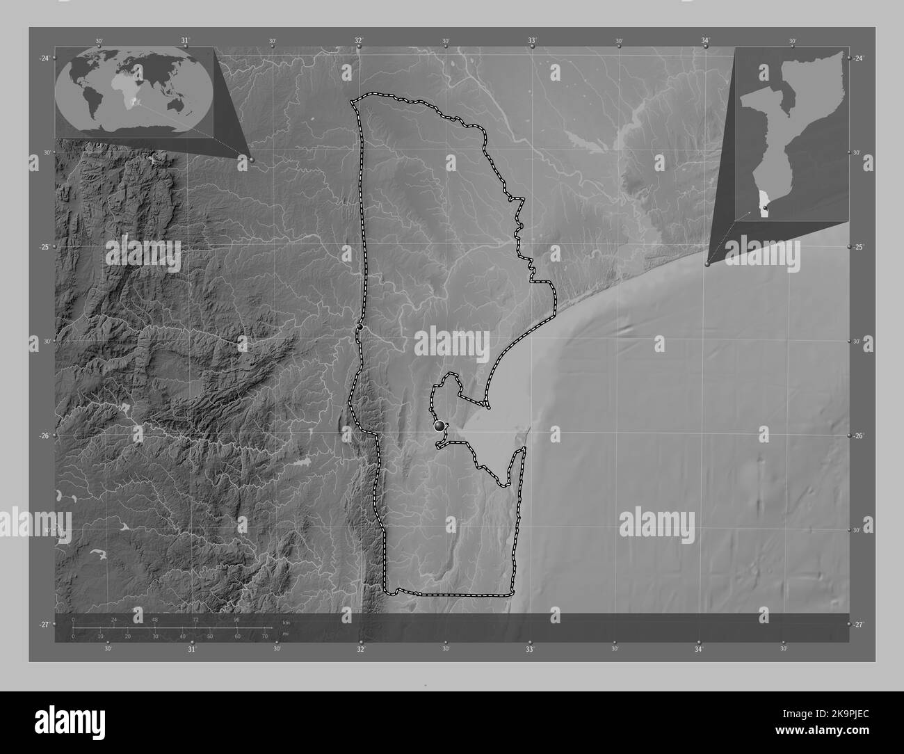 Maputo, province of Mozambique. Grayscale elevation map with lakes and ...