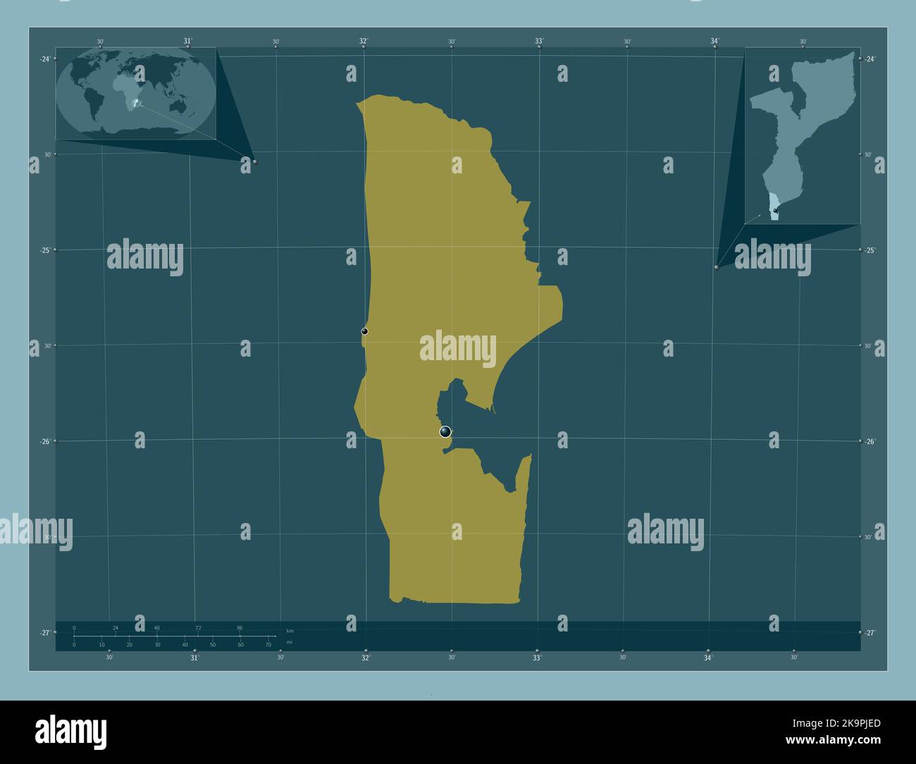 Maputo, province of Mozambique. Solid color shape. Locations of major ...