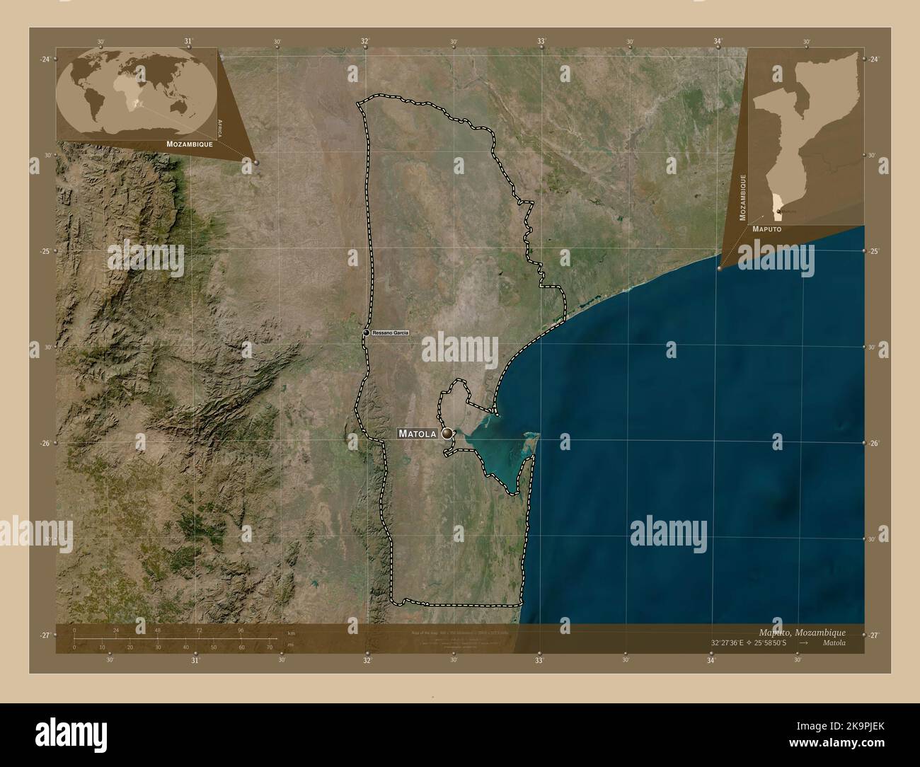 Maputo, province of Mozambique. Low resolution satellite map. Locations ...