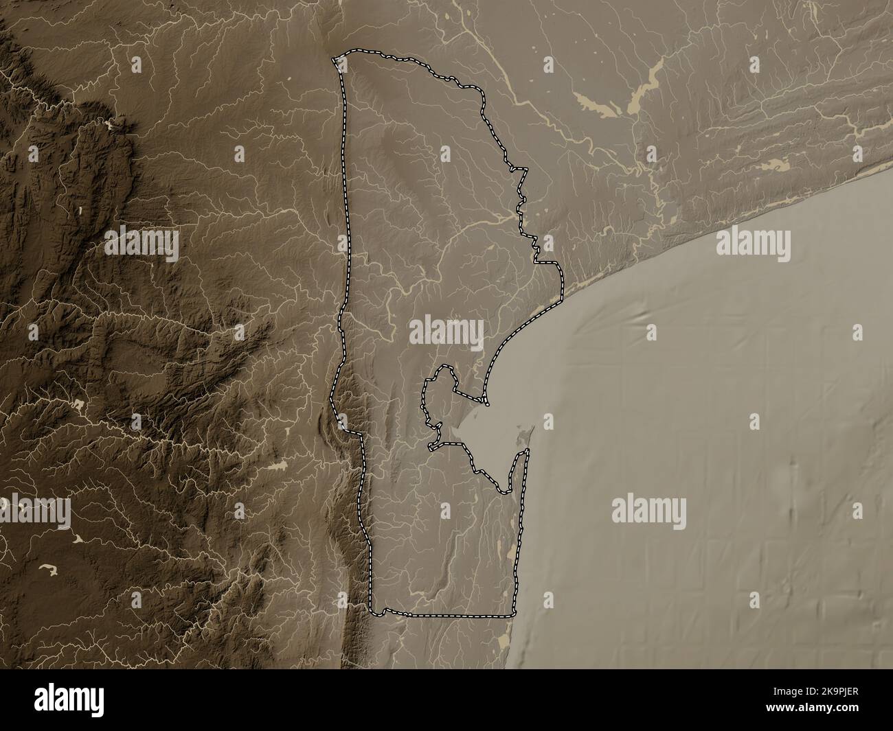 Maputo, province of Mozambique. Elevation map colored in sepia tones ...
