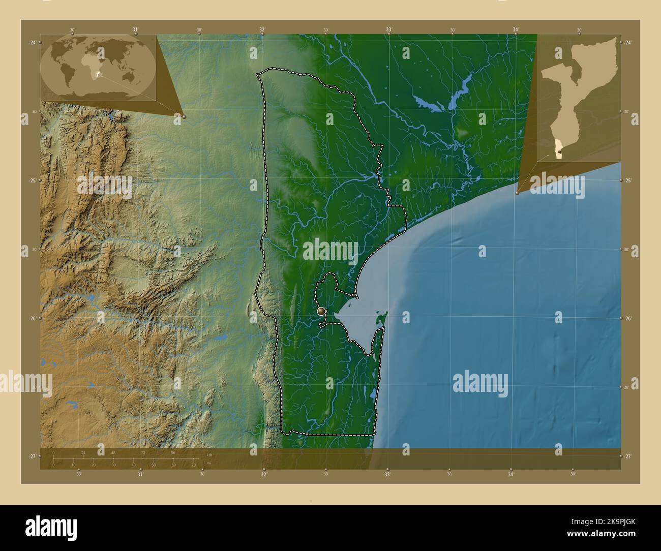 Maputo, province of Mozambique. Colored elevation map with lakes and ...