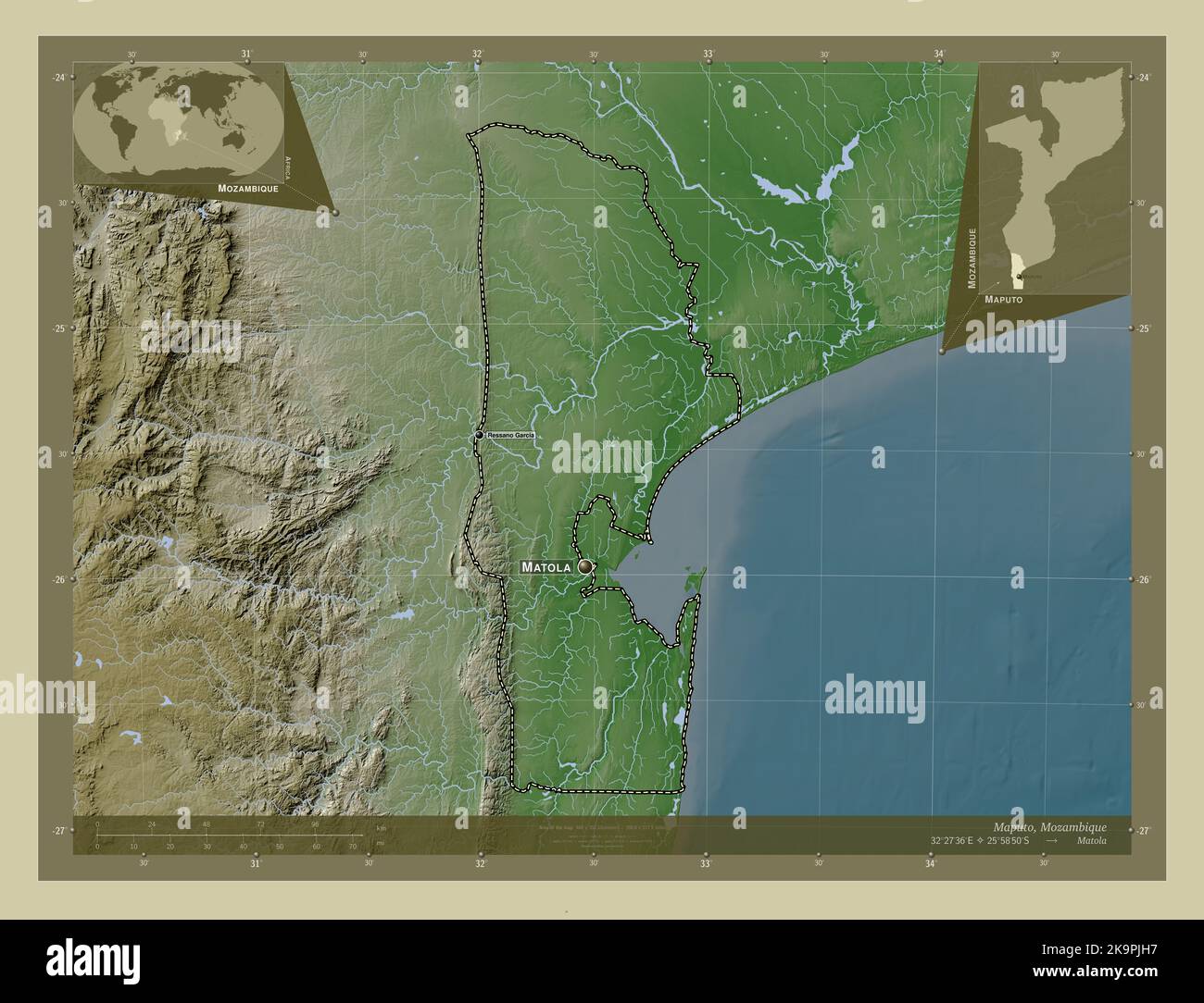Maputo, province of Mozambique. Elevation map colored in wiki style ...