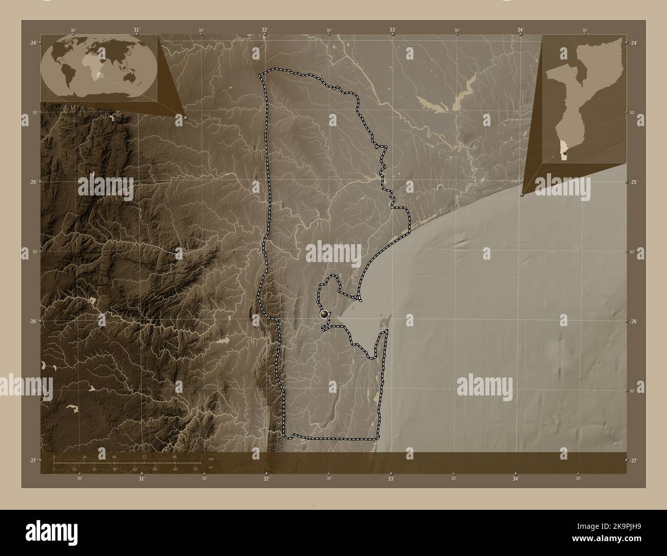 Maputo, province of Mozambique. Elevation map colored in sepia tones ...