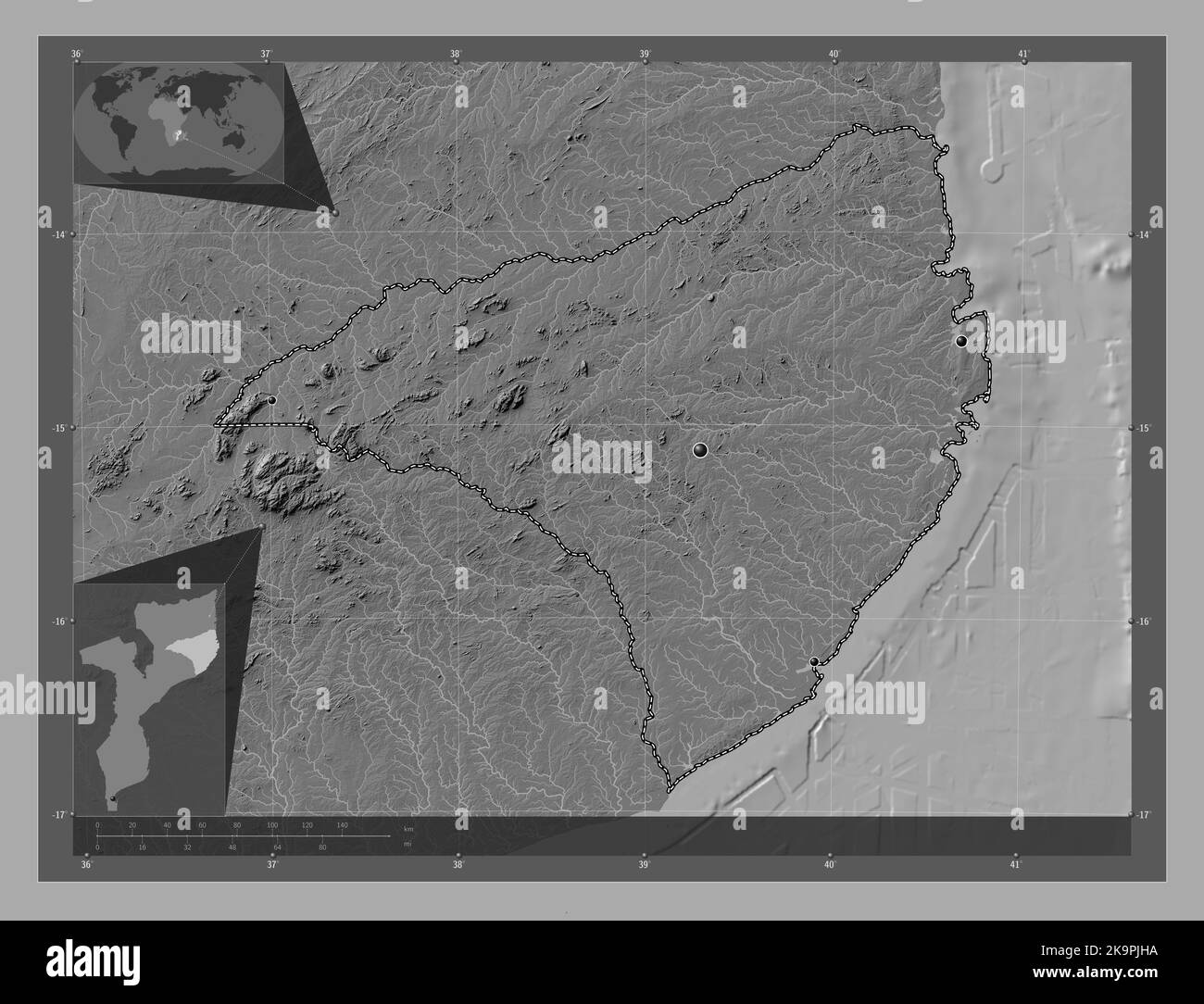 Nampula, province of Mozambique. Bilevel elevation map with lakes and ...