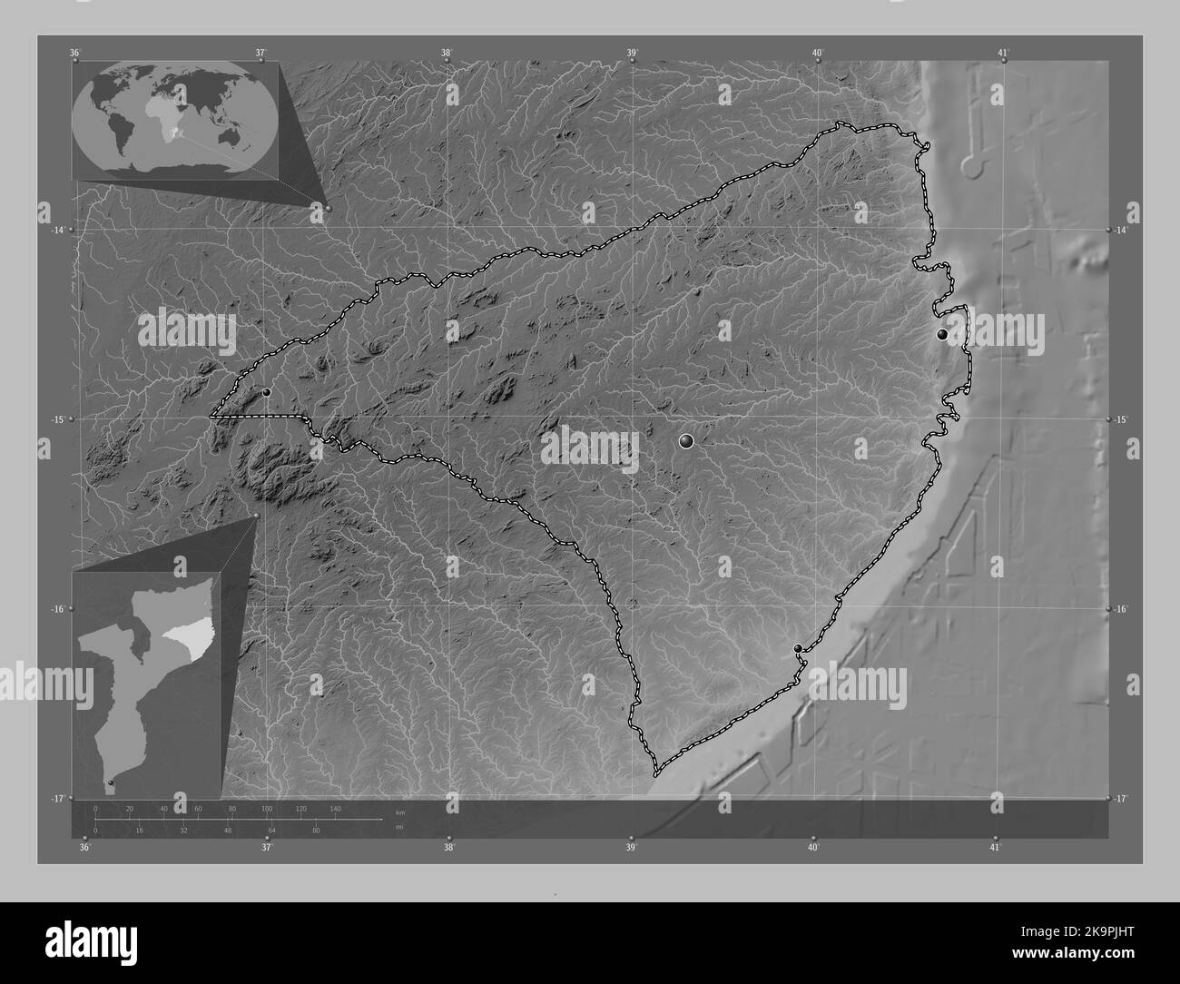 Nampula, province of Mozambique. Grayscale elevation map with lakes and ...