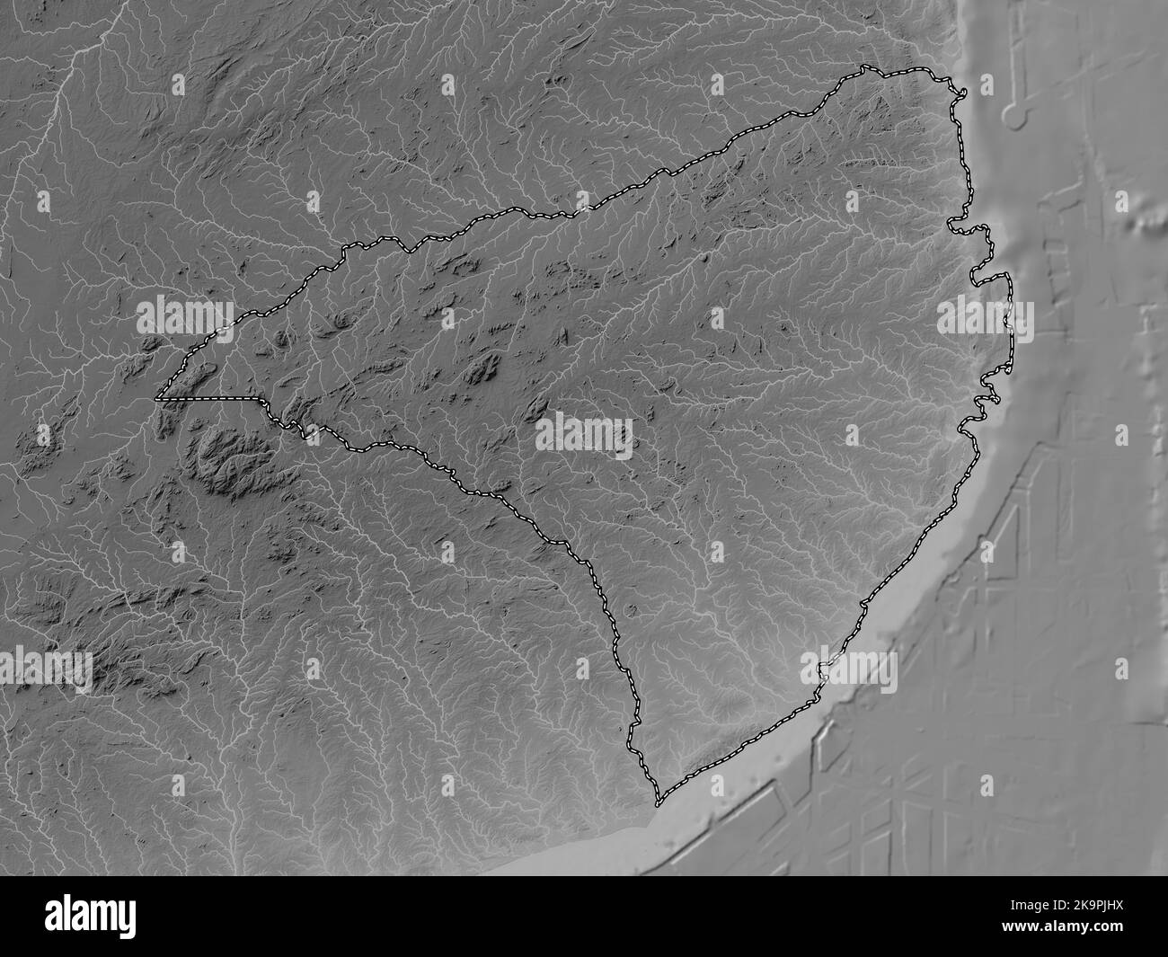 Nampula, province of Mozambique. Grayscale elevation map with lakes and ...