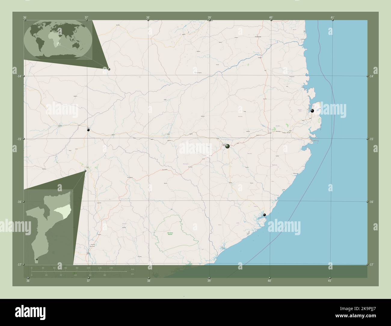 Nampula, province of Mozambique. Open Street Map. Locations of major ...