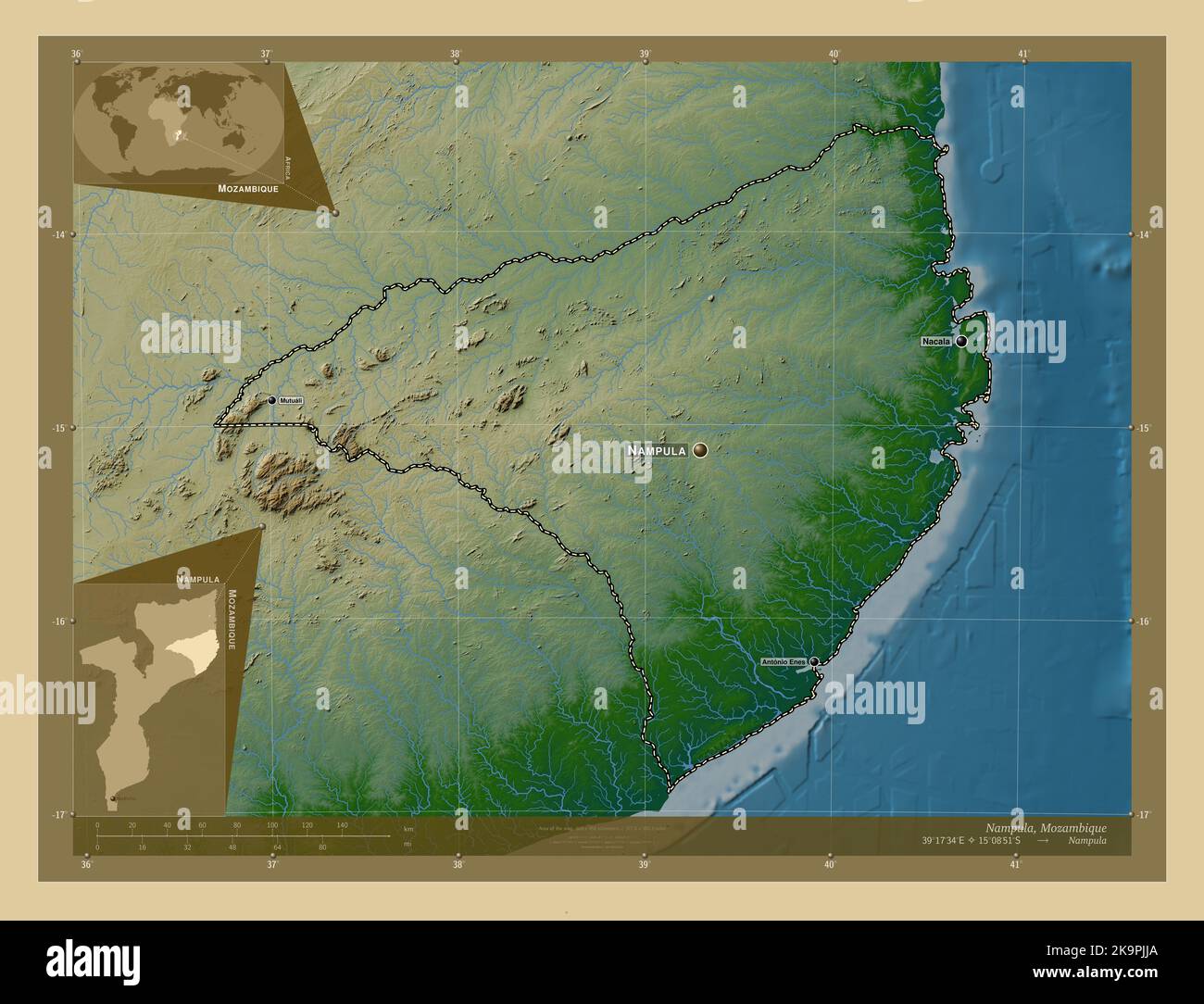 Nampula, province of Mozambique. Colored elevation map with lakes and ...
