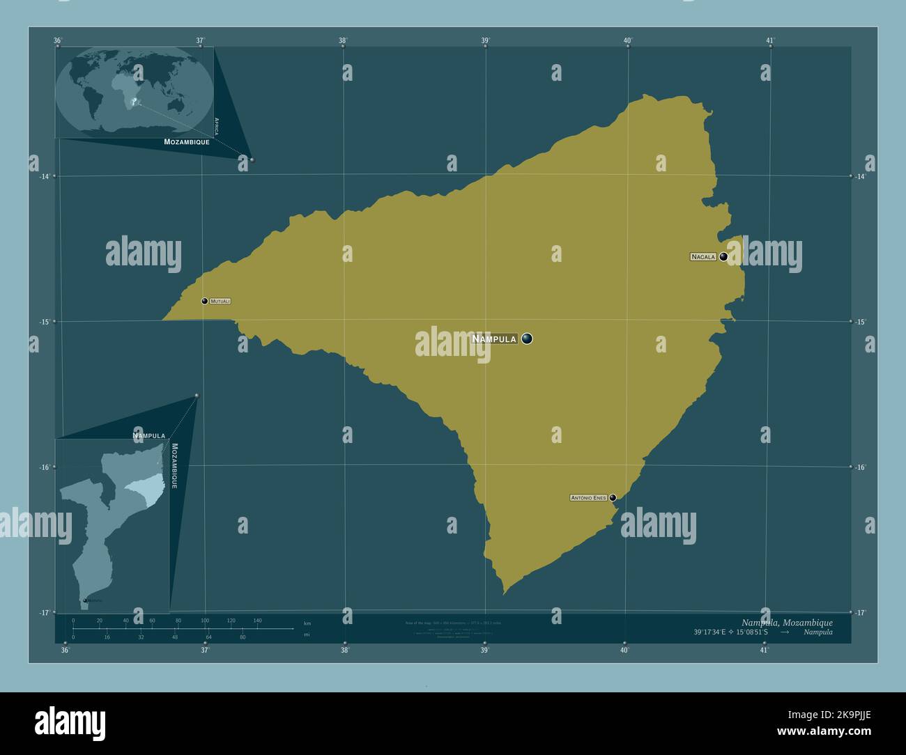 Nampula, province of Mozambique. Solid color shape. Locations and names ...