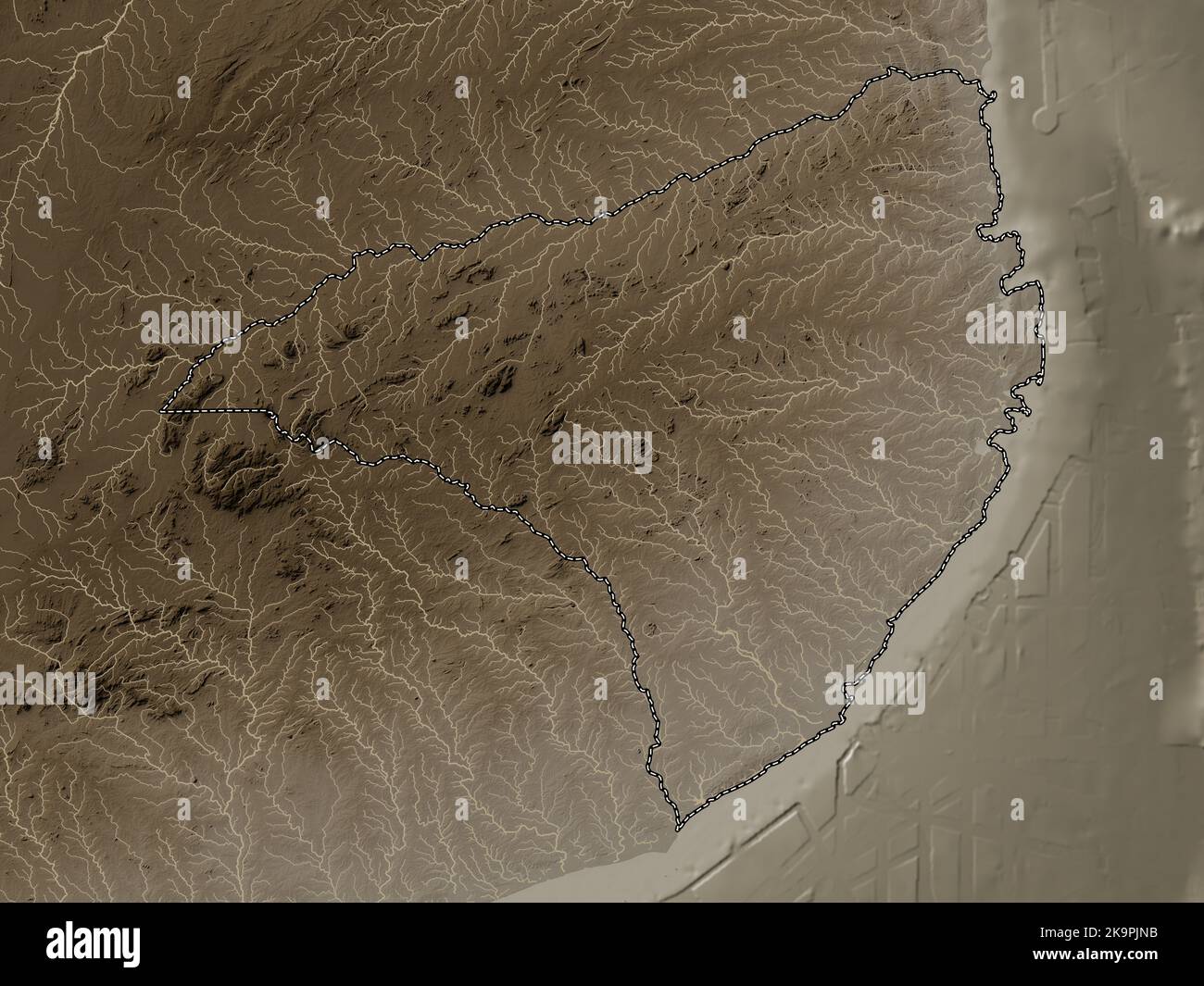 Nampula, province of Mozambique. Elevation map colored in sepia tones ...