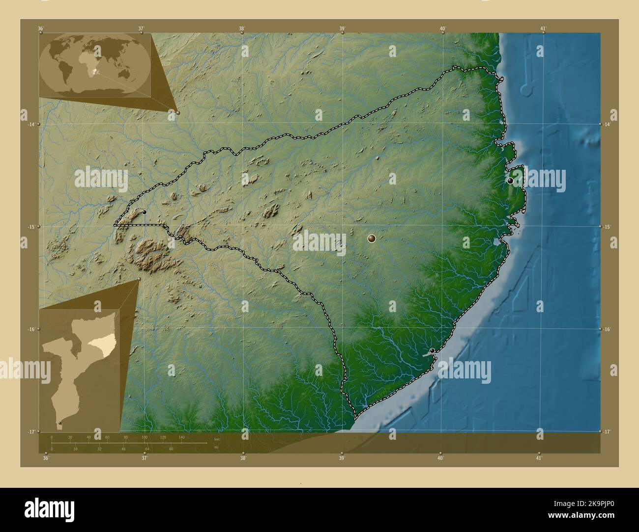 Nampula, province of Mozambique. Colored elevation map with lakes and ...