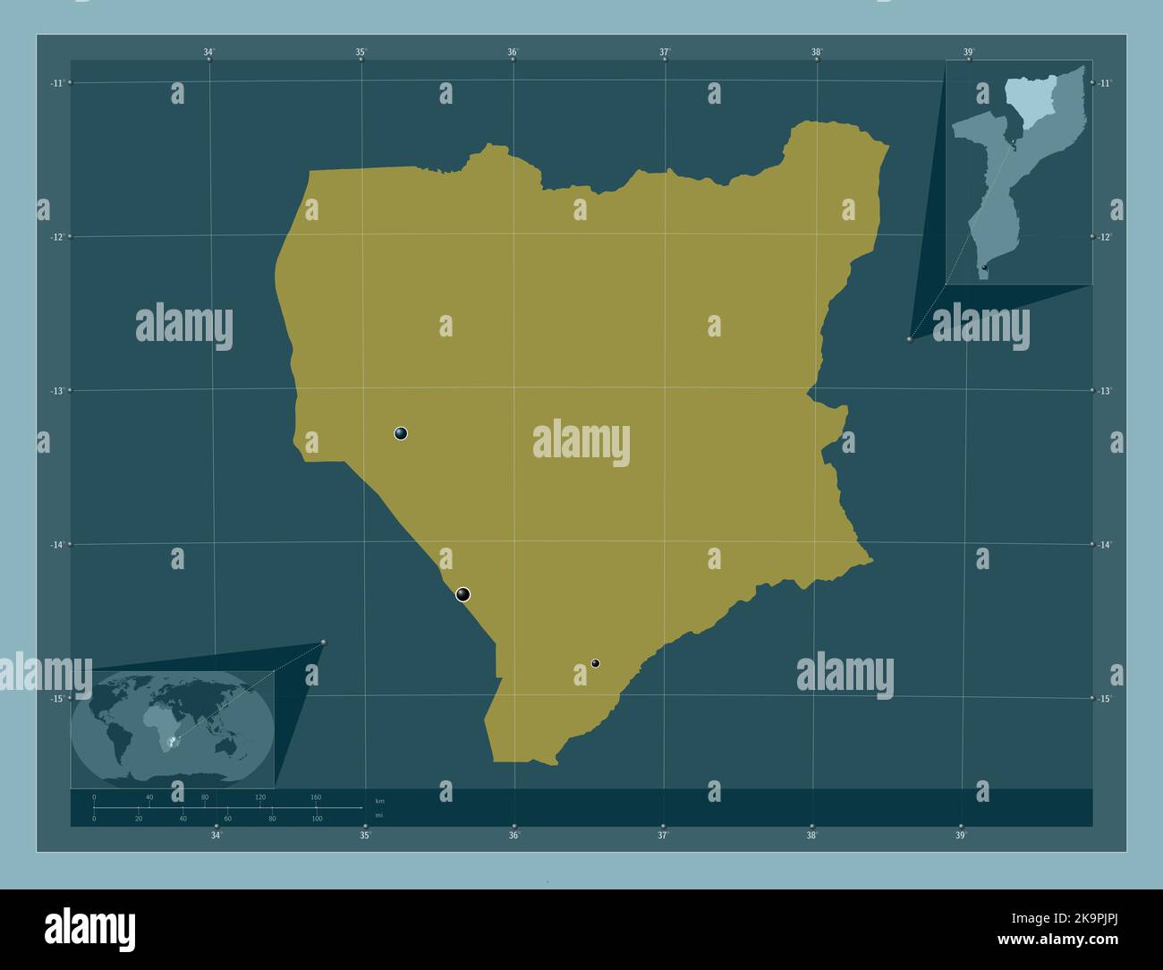 Nassa Province Of Mozambique Solid Color Shape Locations Of Major Cities Of The Region
