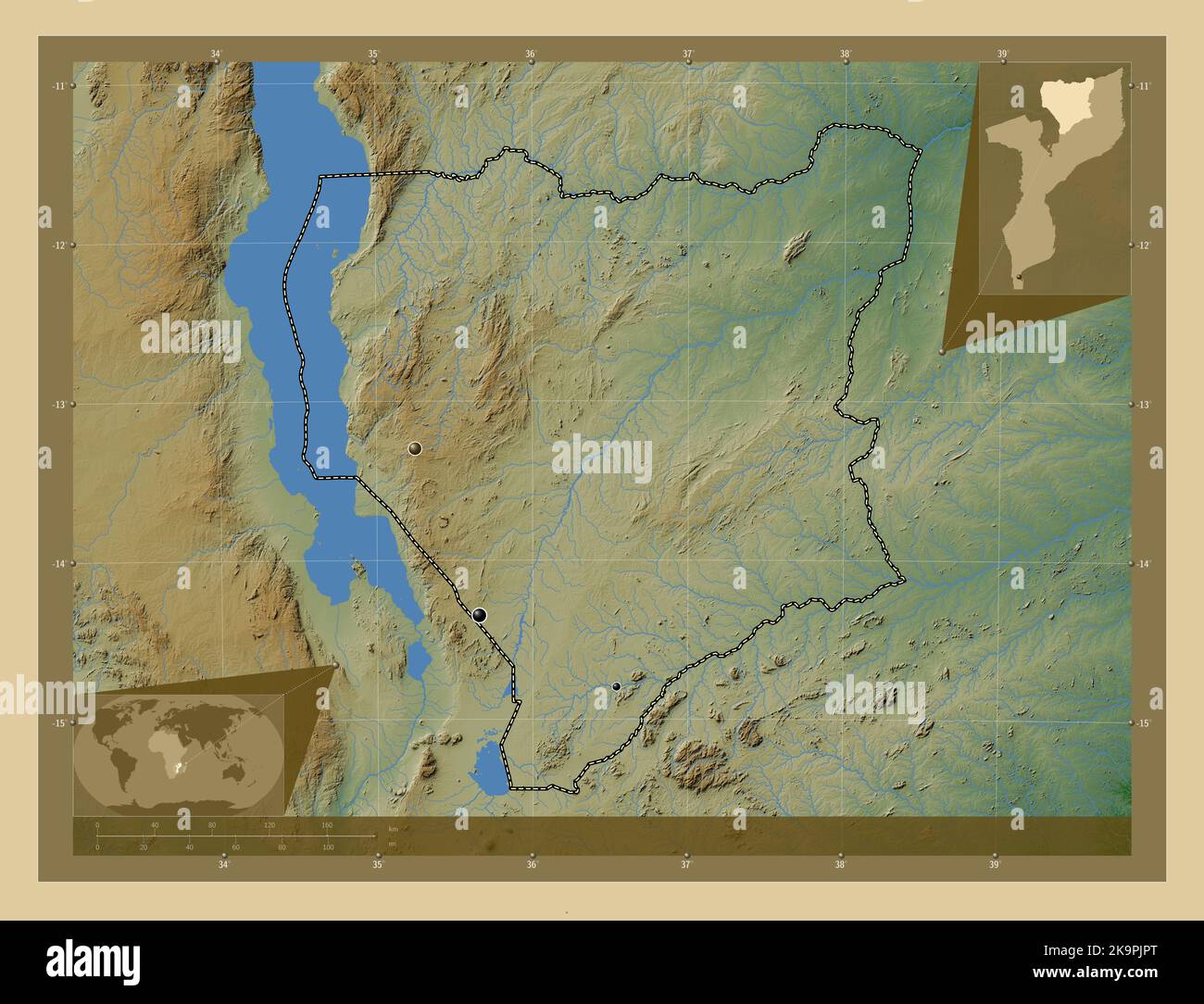 Nassa, province of Mozambique. Colored elevation map with lakes and ...
