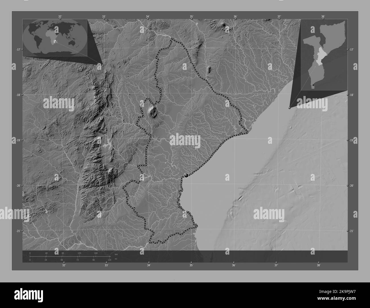 Sofala, province of Mozambique. Bilevel elevation map with lakes and ...