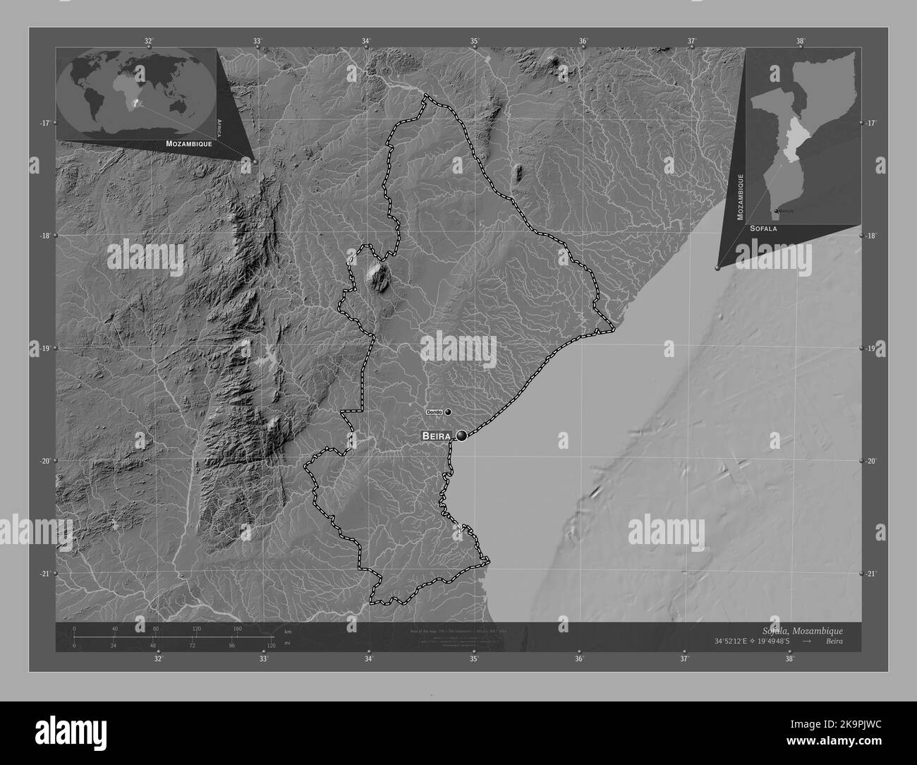 Sofala, province of Mozambique. Bilevel elevation map with lakes and ...