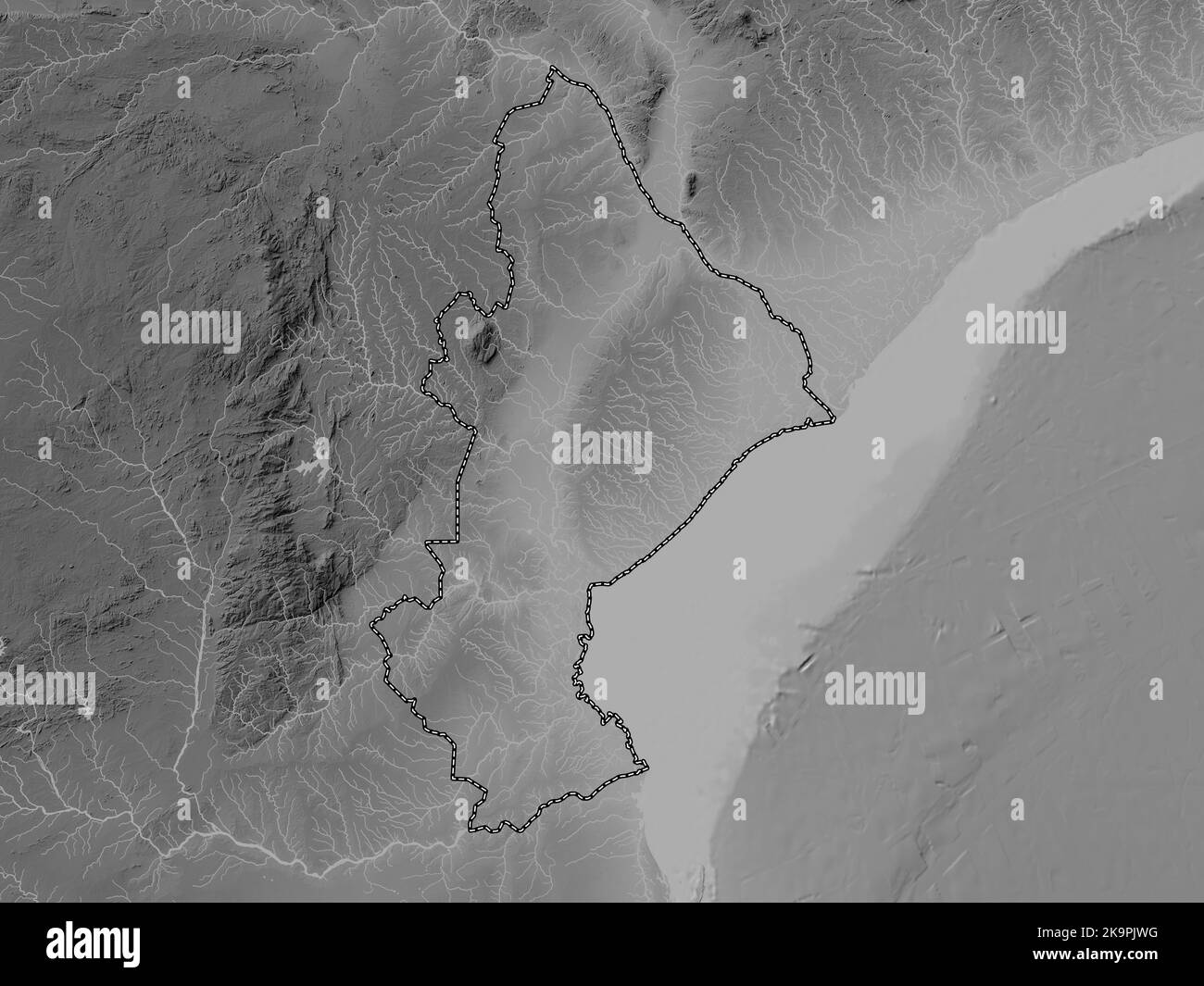 Sofala, province of Mozambique. Grayscale elevation map with lakes and ...