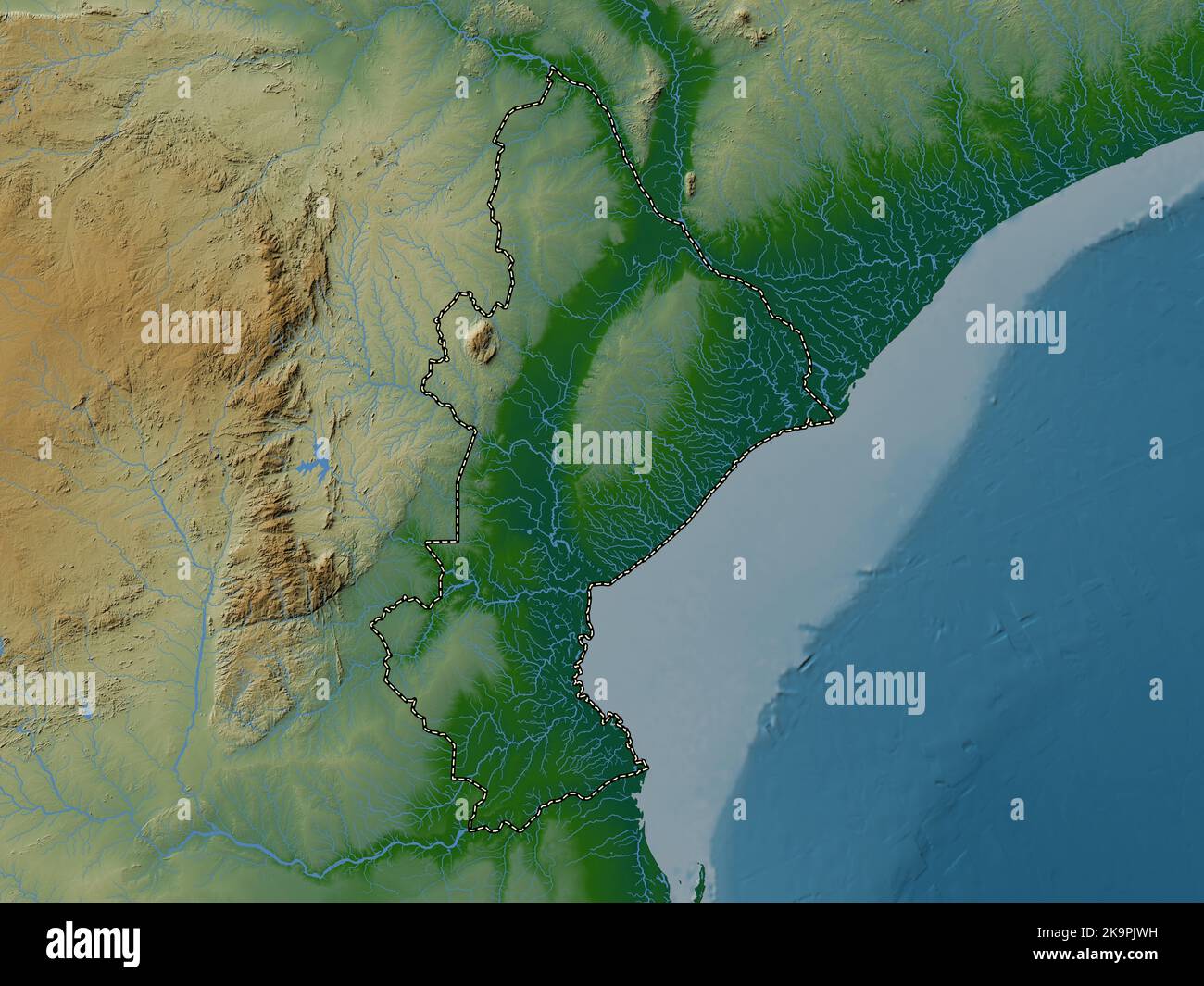 Sofala, province of Mozambique. Colored elevation map with lakes and ...