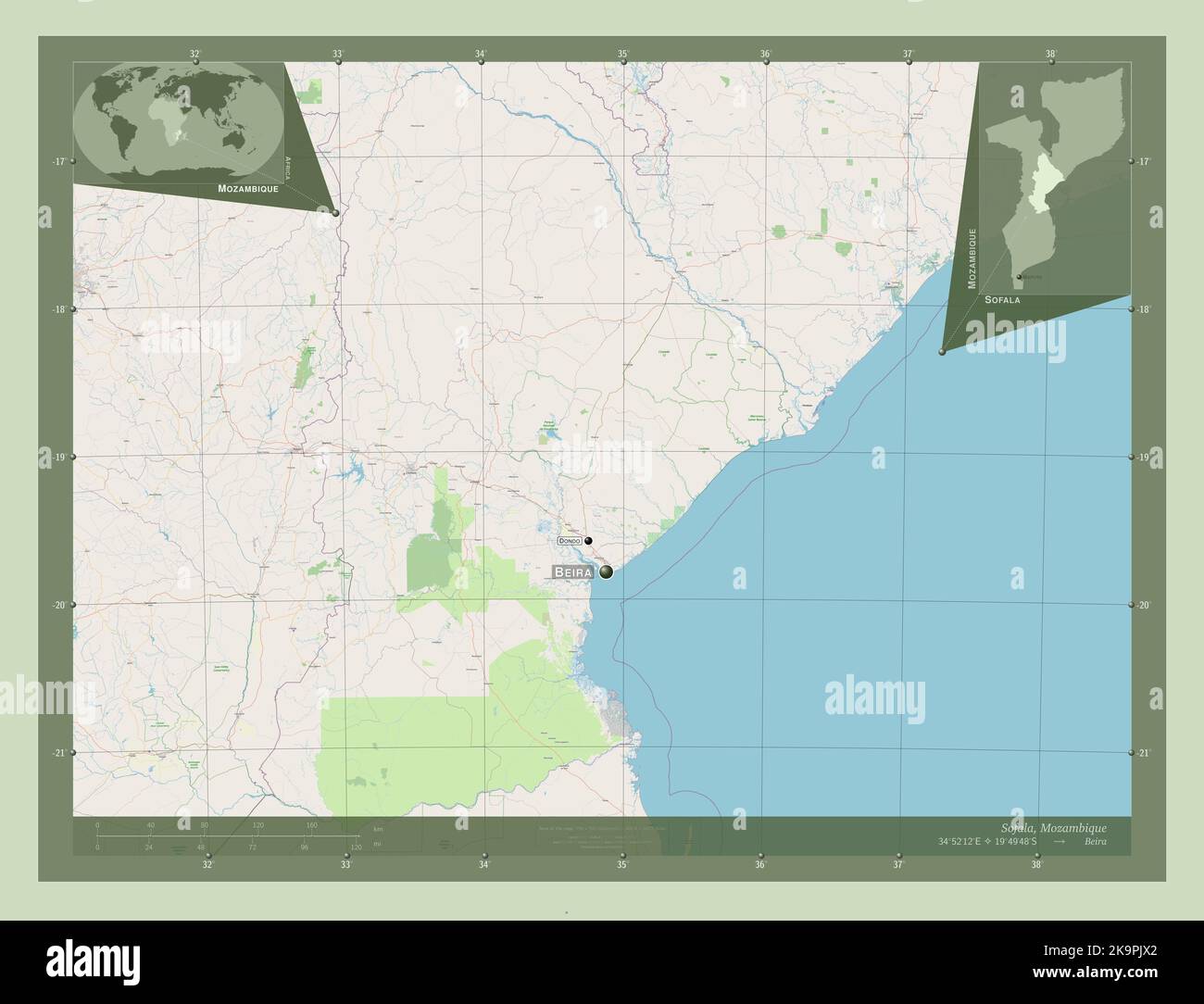 Sofala, province of Mozambique. Open Street Map. Locations and names of ...