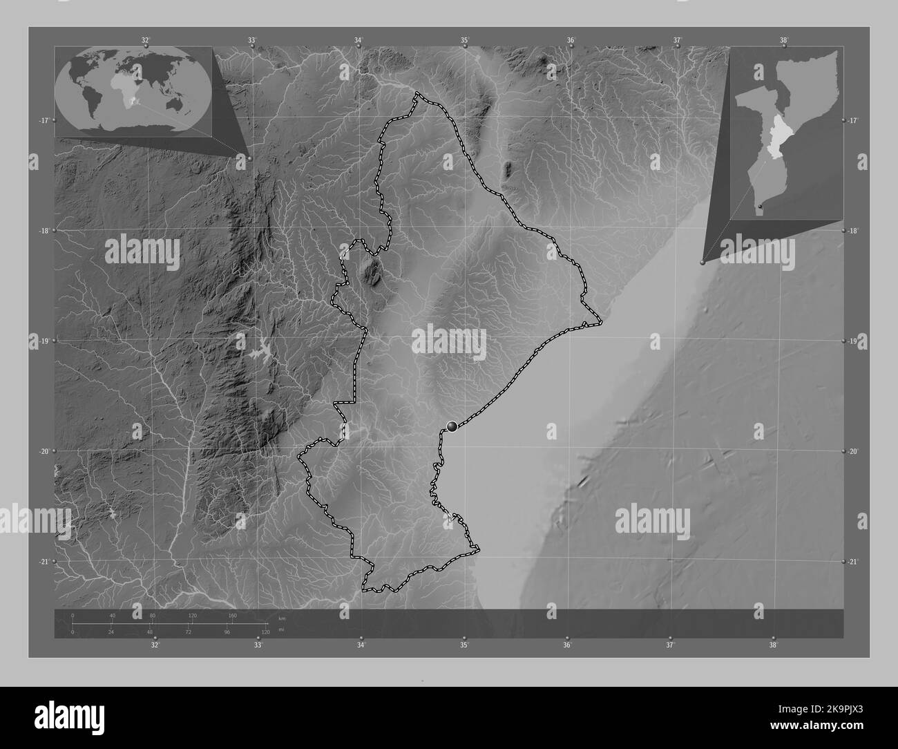 Sofala, province of Mozambique. Grayscale elevation map with lakes and ...