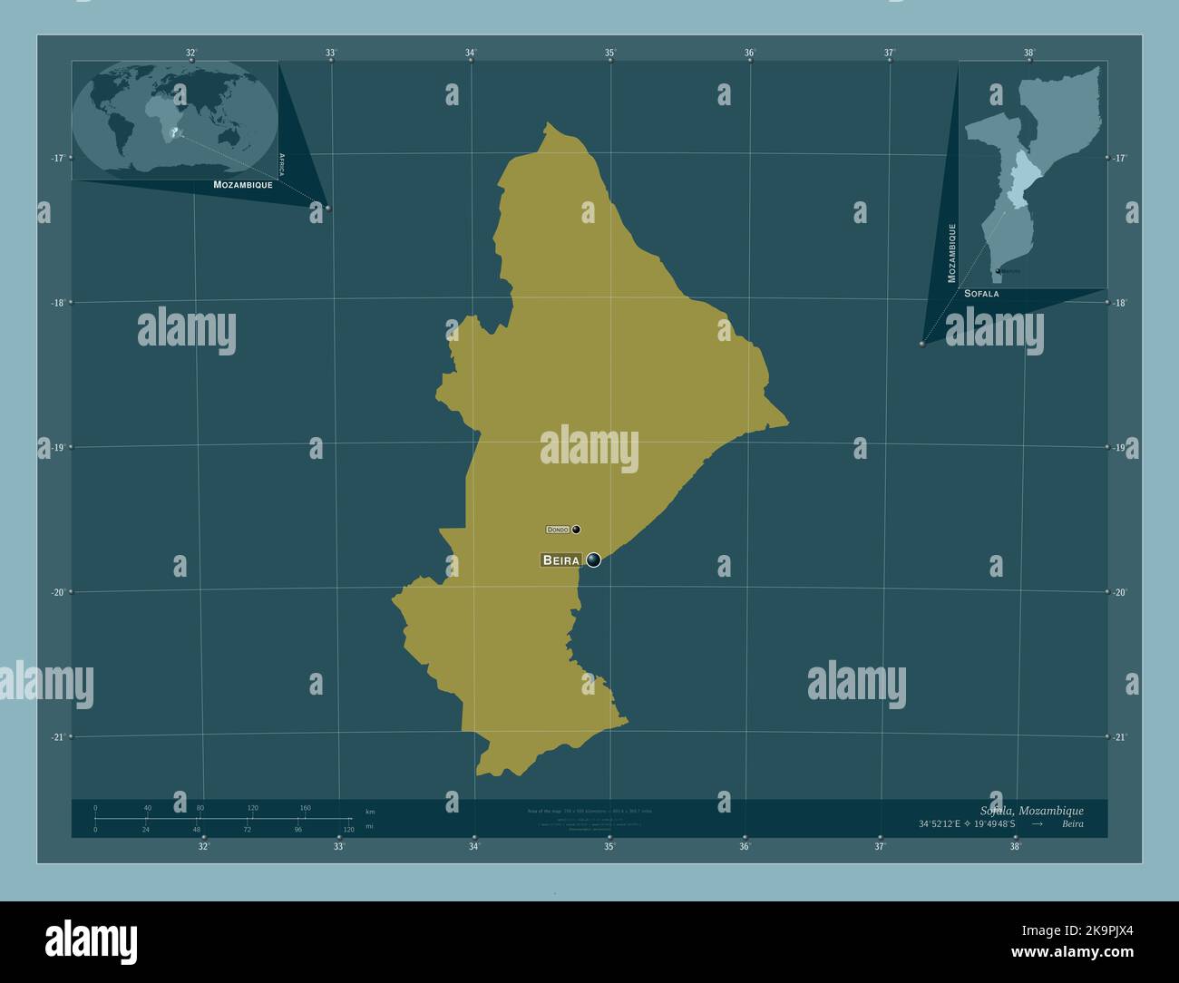 Sofala, province of Mozambique. Solid color shape. Locations and names ...