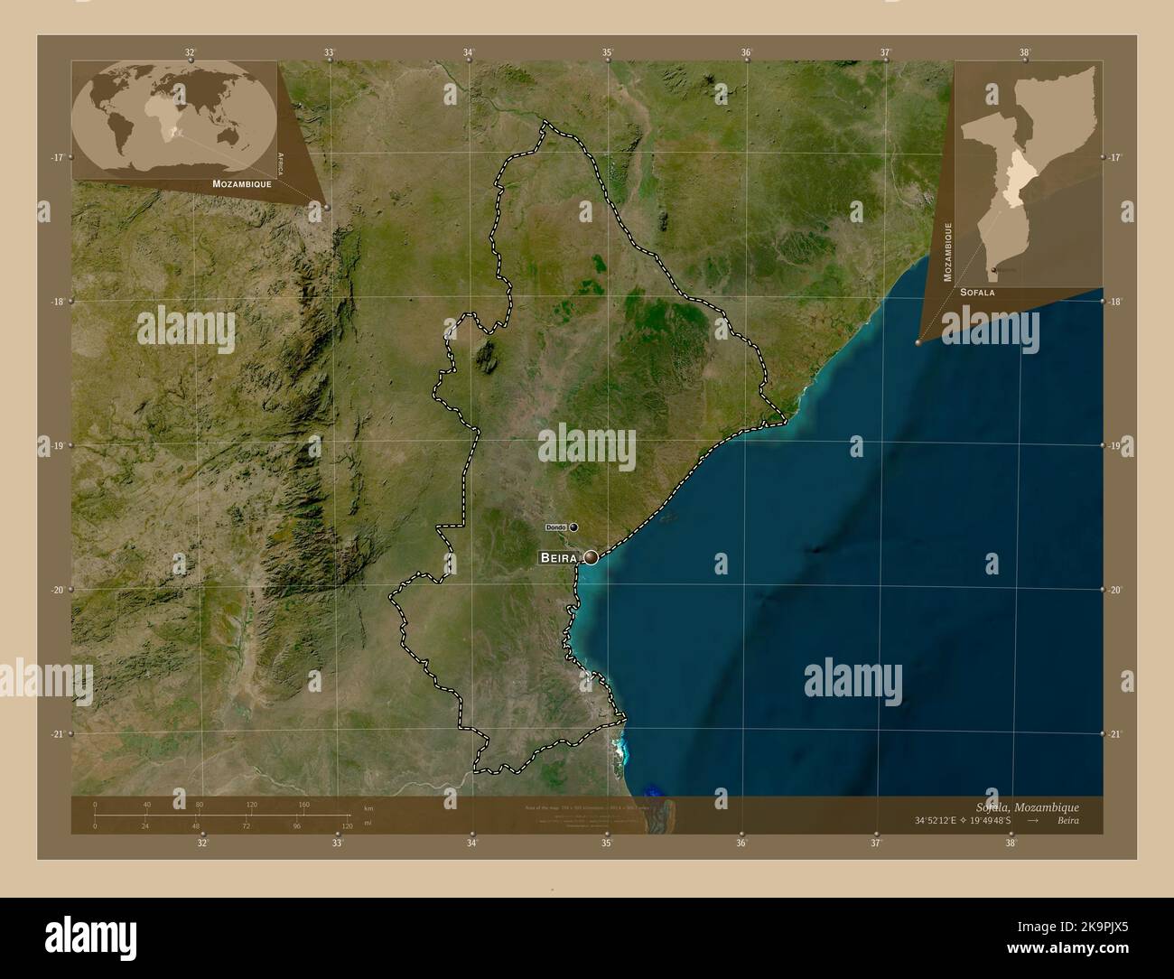 Sofala, province of Mozambique. Low resolution satellite map. Locations ...