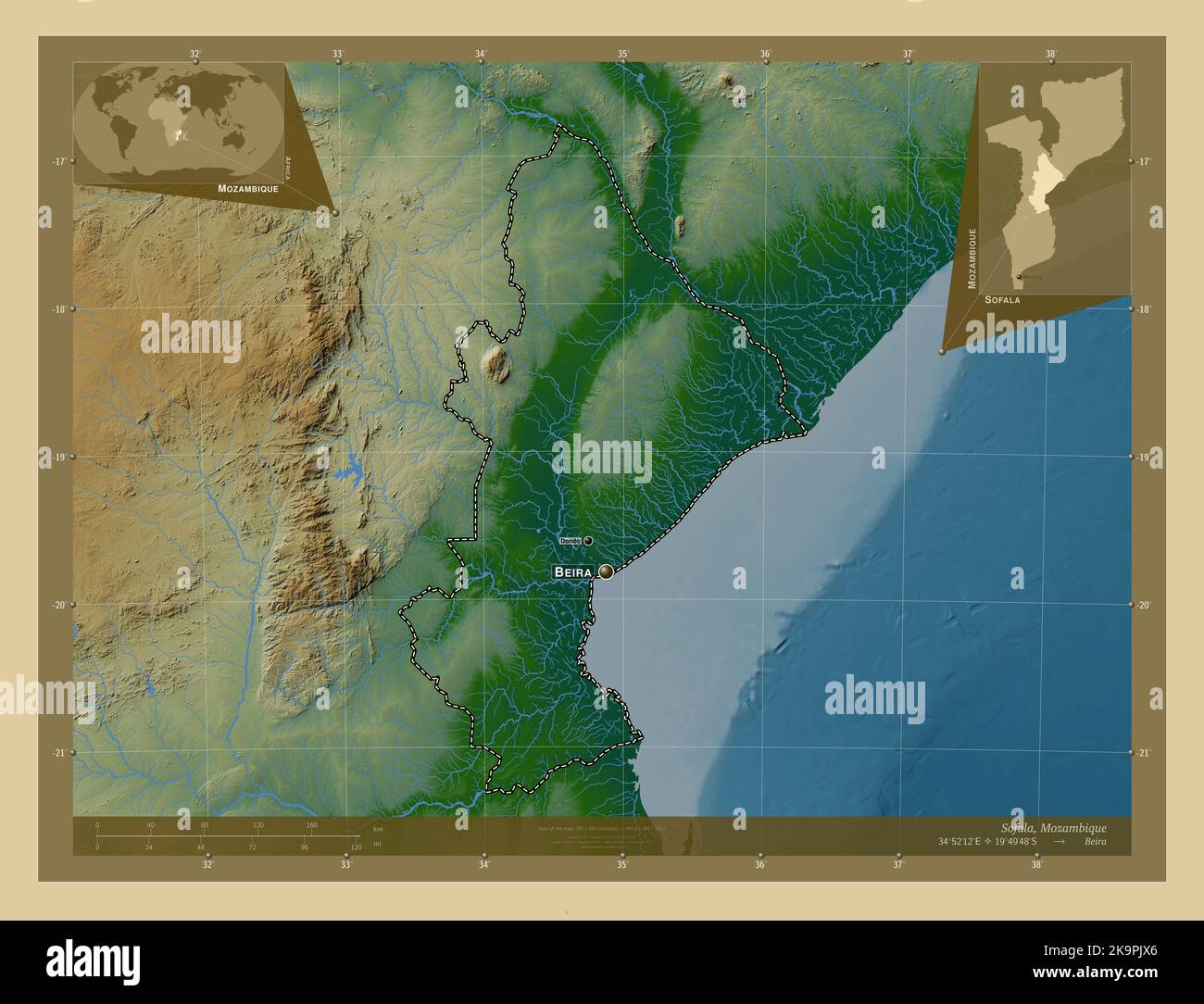 Sofala, province of Mozambique. Colored elevation map with lakes and ...