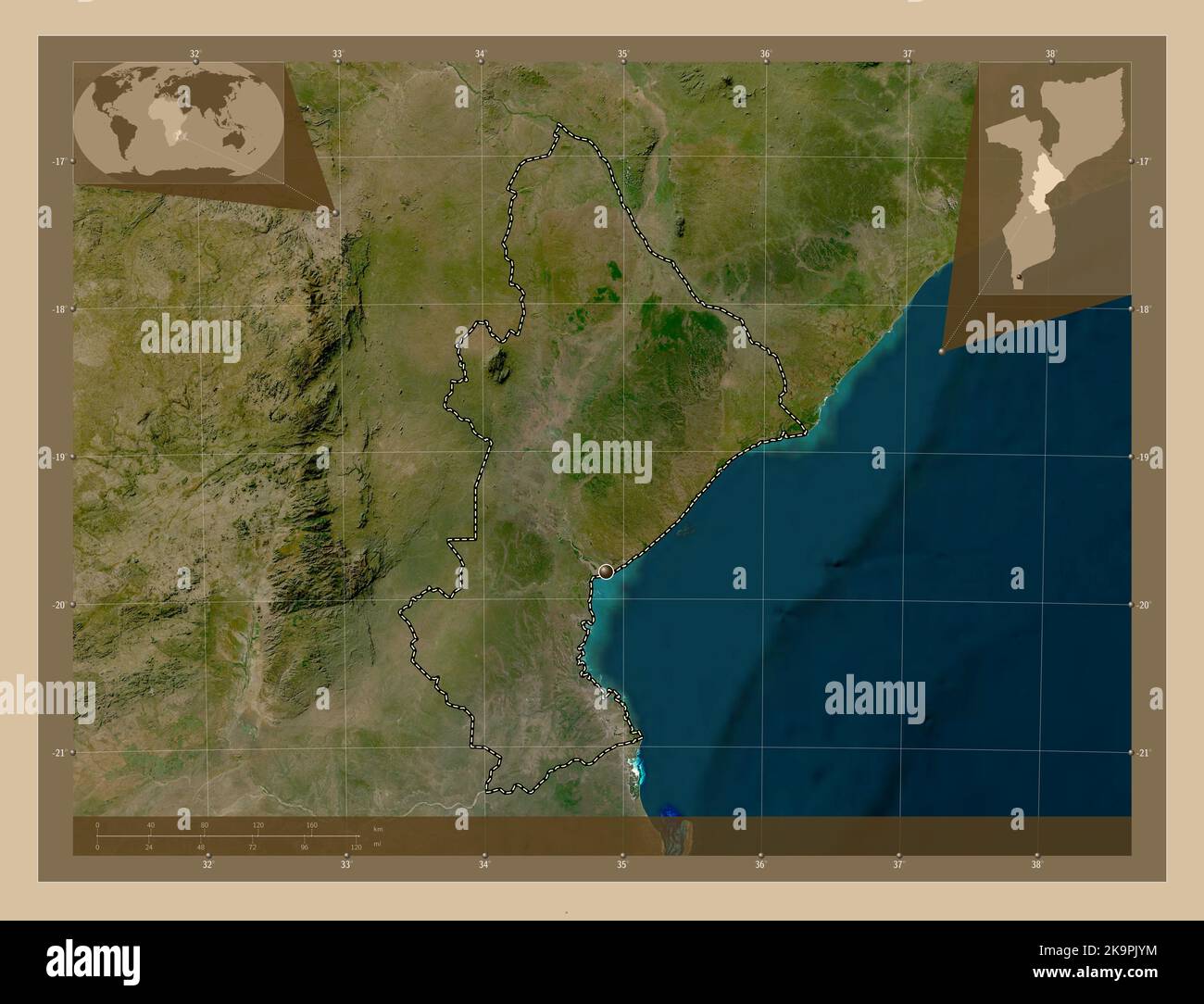 Sofala, province of Mozambique. Low resolution satellite map. Corner ...