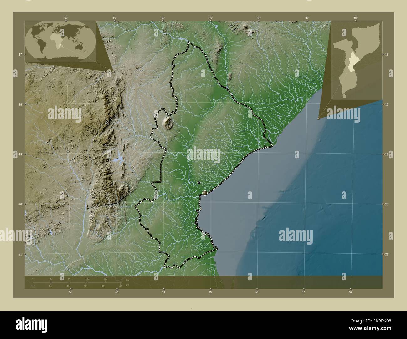 Sofala, province of Mozambique. Elevation map colored in wiki style with lakes and rivers ...