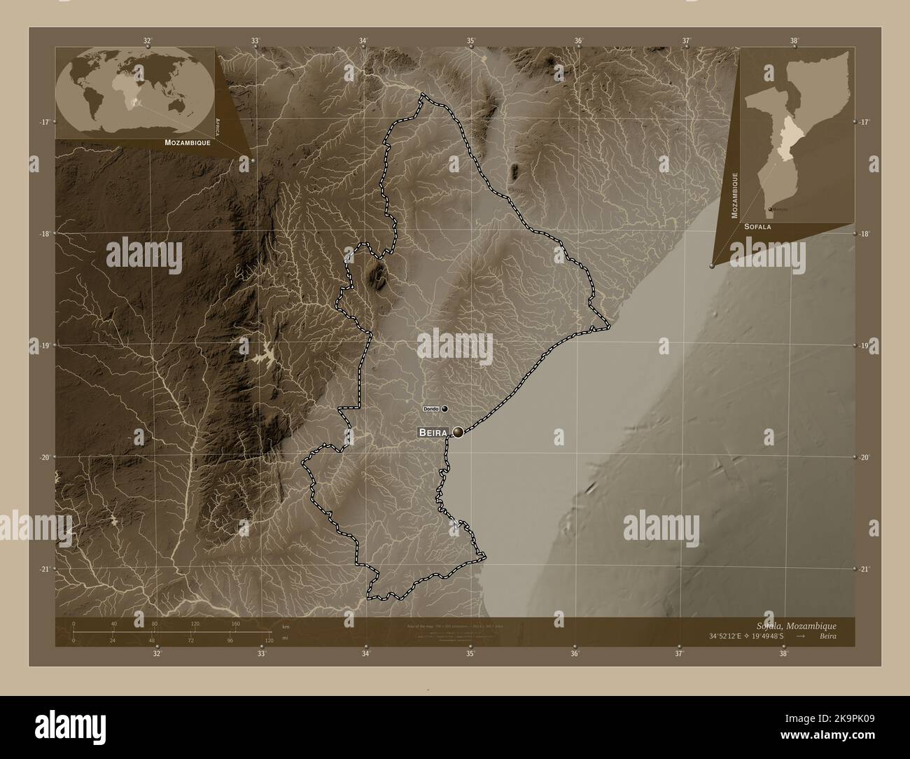Sofala, province of Mozambique. Elevation map colored in sepia tones ...