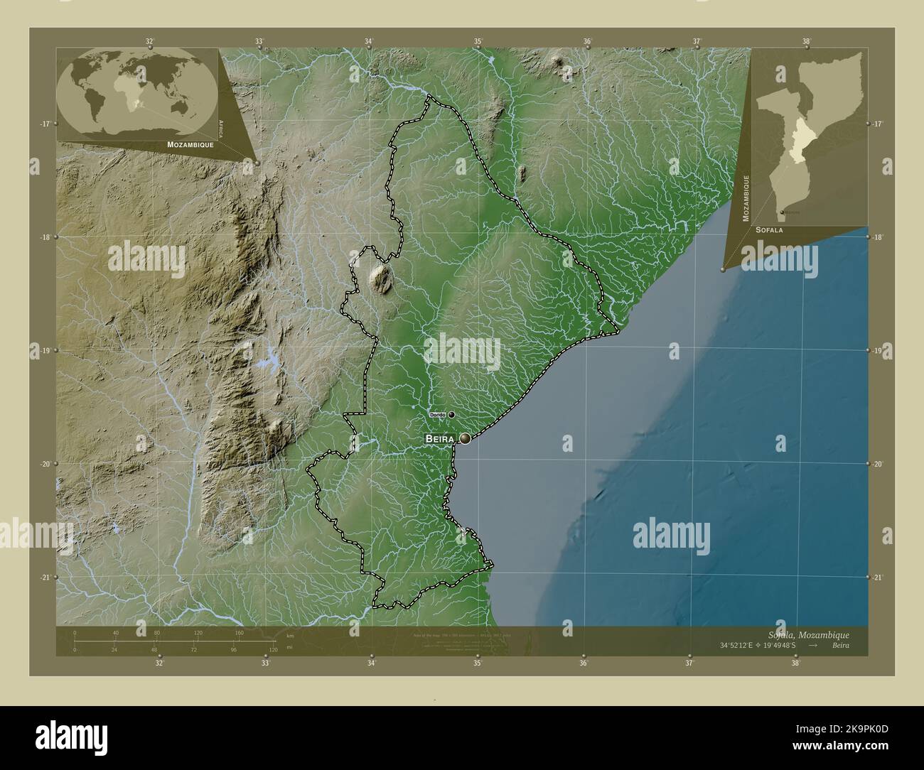 Sofala, province of Mozambique. Elevation map colored in wiki style with lakes and rivers ...