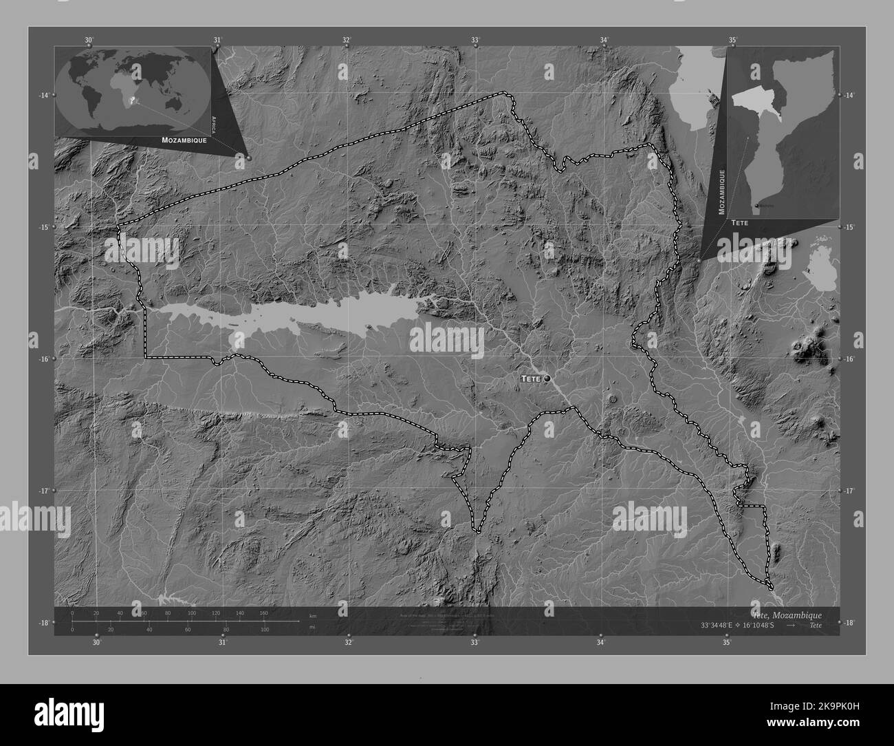 Tete, province of Mozambique. Bilevel elevation map with lakes and ...