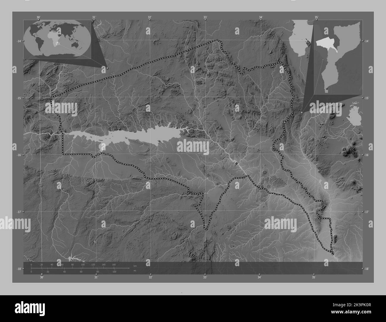 Tete, province of Mozambique. Grayscale elevation map with lakes and ...
