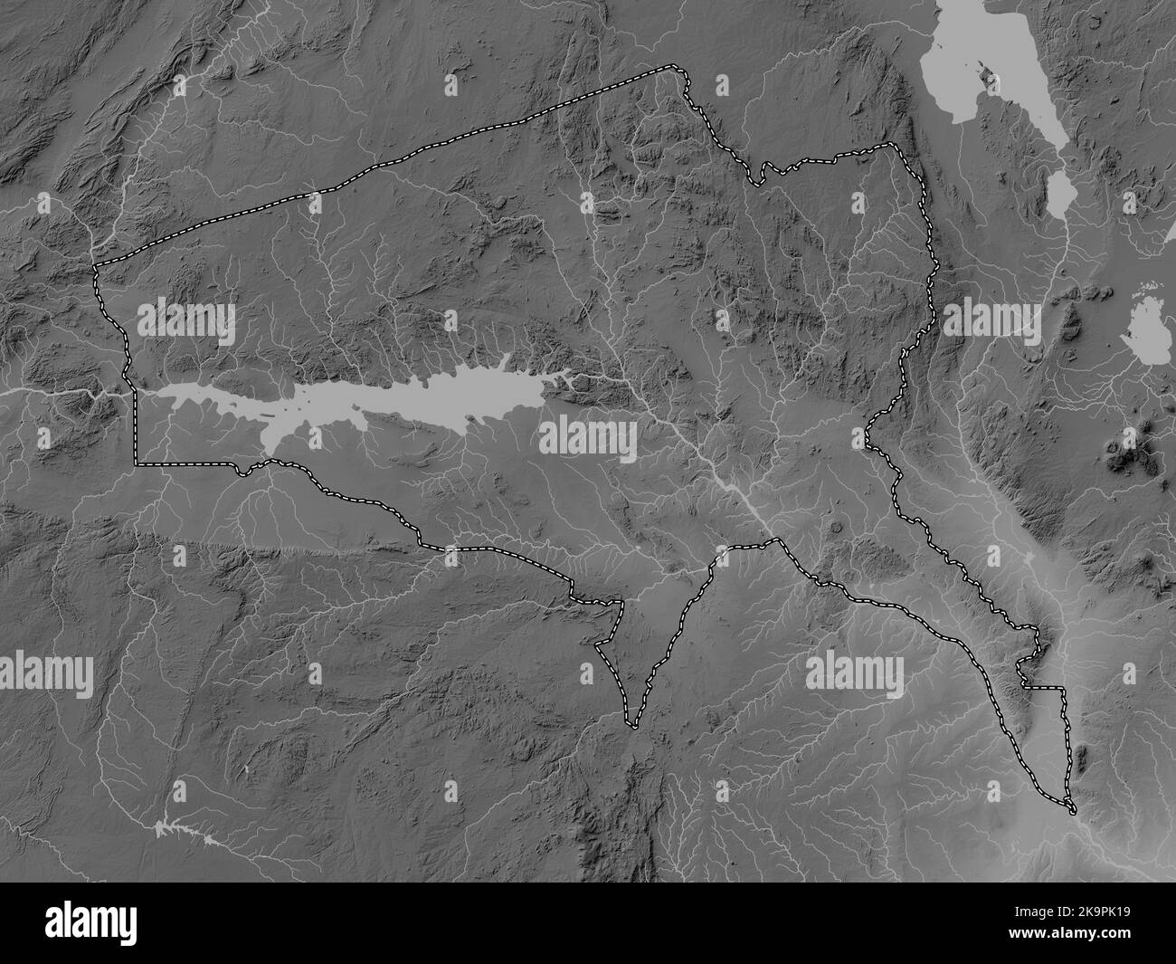 Tete, province of Mozambique. Grayscale elevation map with lakes and ...