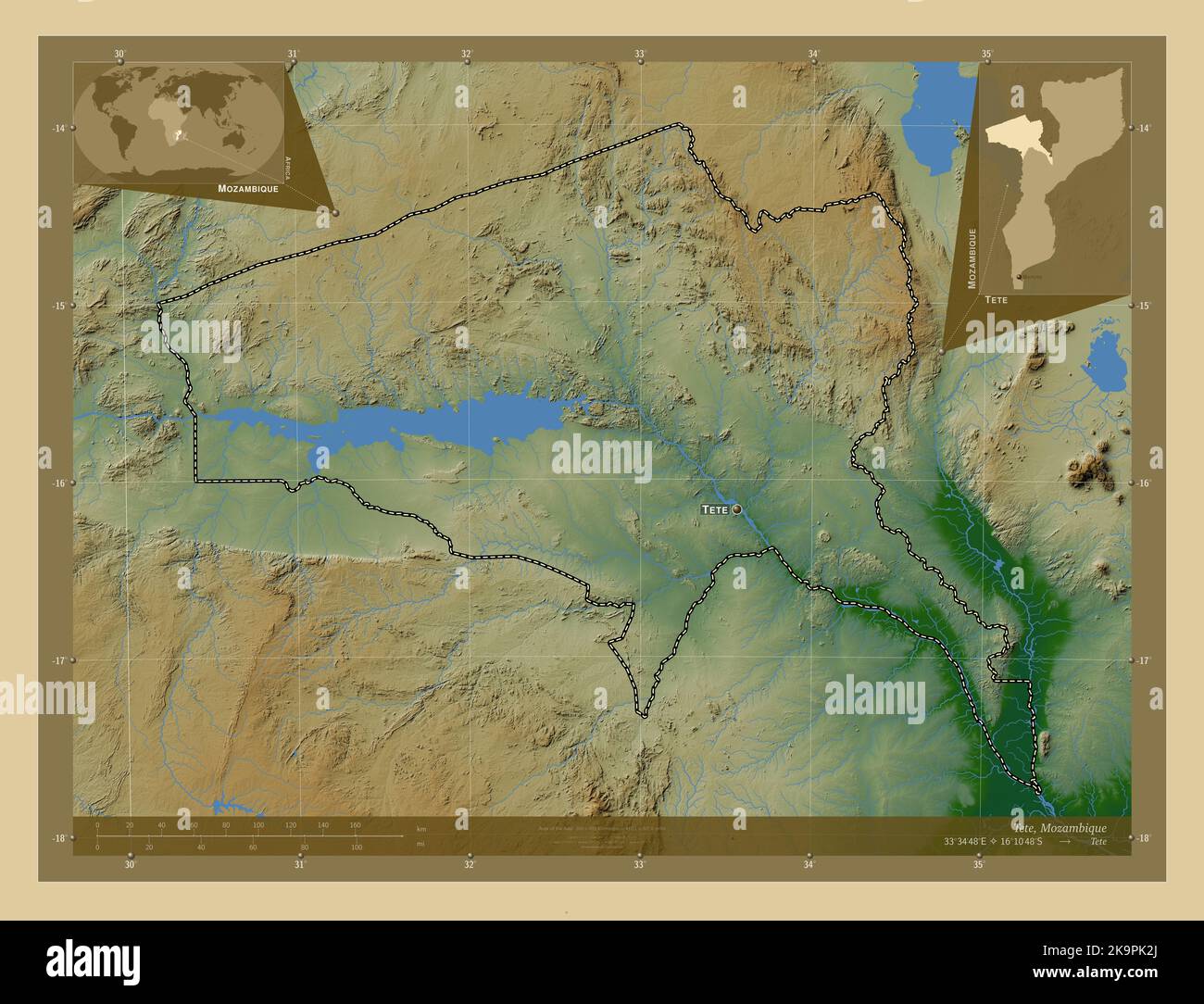 Tete, province of Mozambique. Colored elevation map with lakes and ...