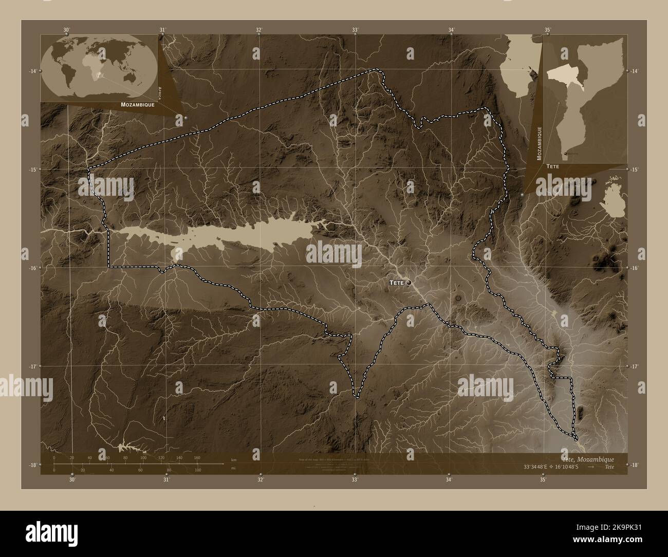 Tete, province of Mozambique. Elevation map colored in sepia tones with ...