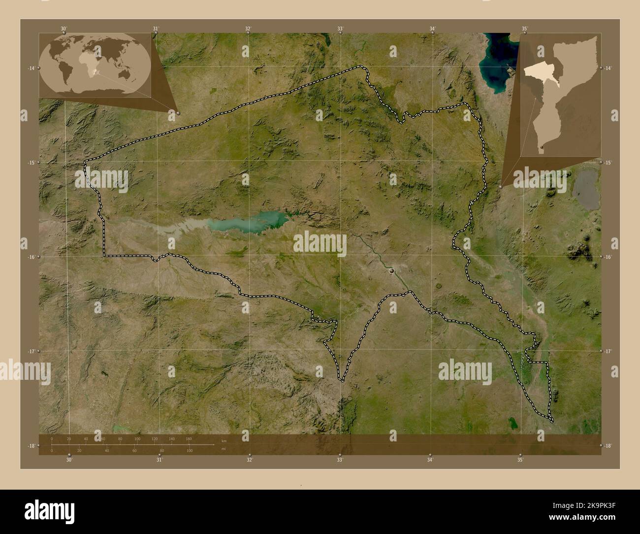Tete, province of Mozambique. Low resolution satellite map. Corner ...